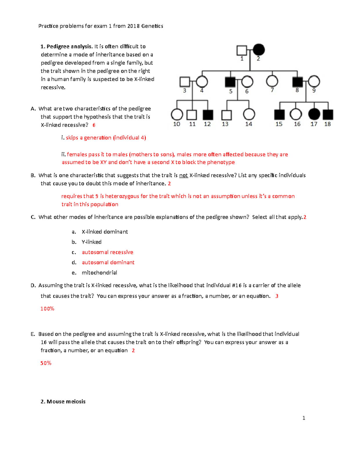 Genetics 2018 Exam 1 - Practice Problems & Answer Key - Studocu