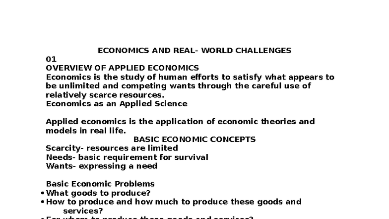 ECON 01: Overview of Applied Economics - Key Concepts & Models - Studocu