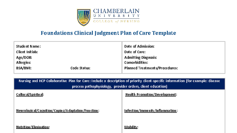 Foundations Clinical Judgment Plan of Care Template C2 Assignment - Studocu