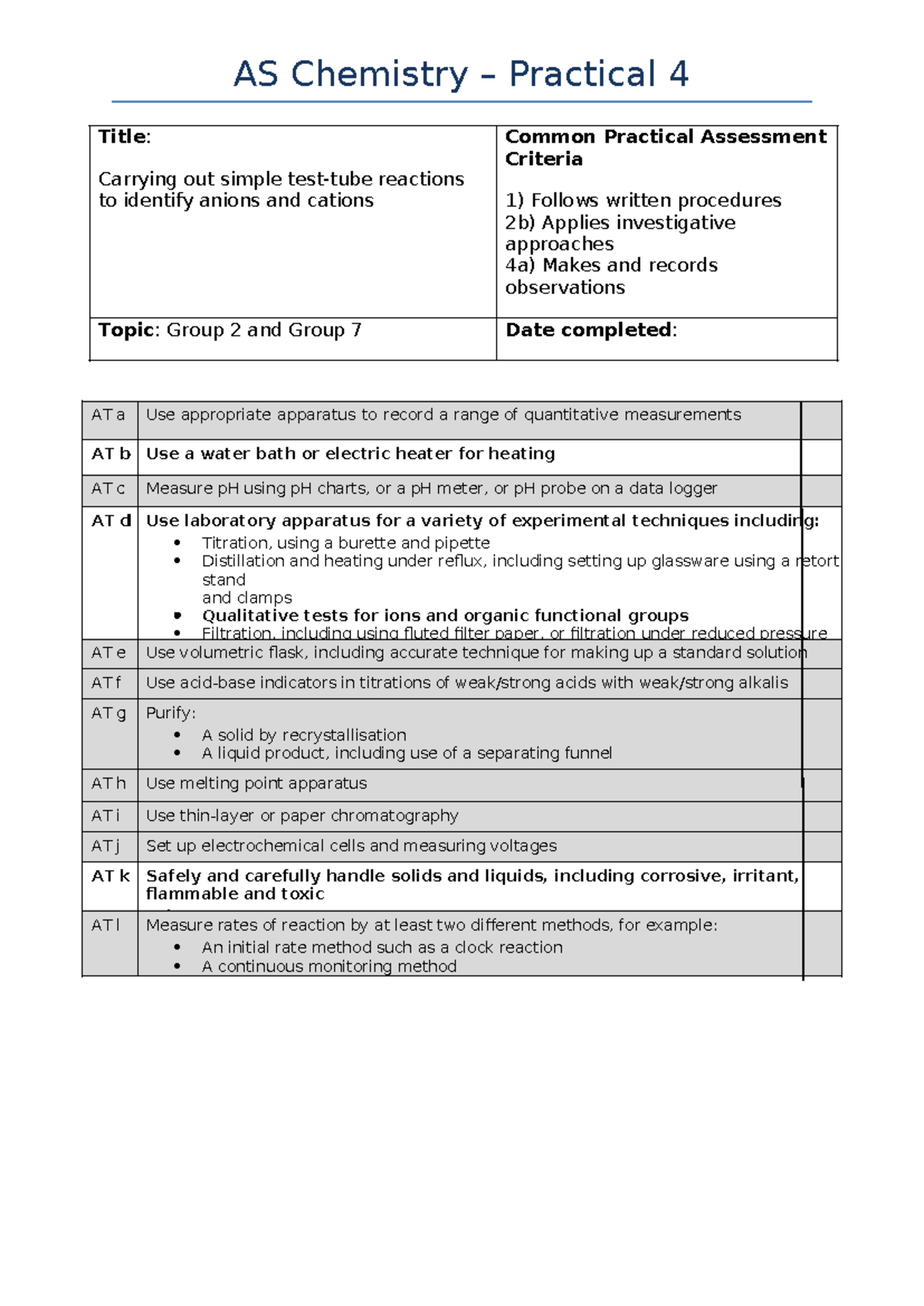 RP 4 Testing for Ions Cover Sheet - AS Chemistry – Practical 4 Title ...