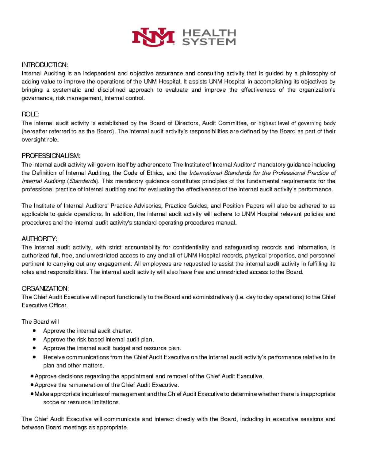IA Charter - Internal control - INTRODUCTION: Internal Auditing is an ...