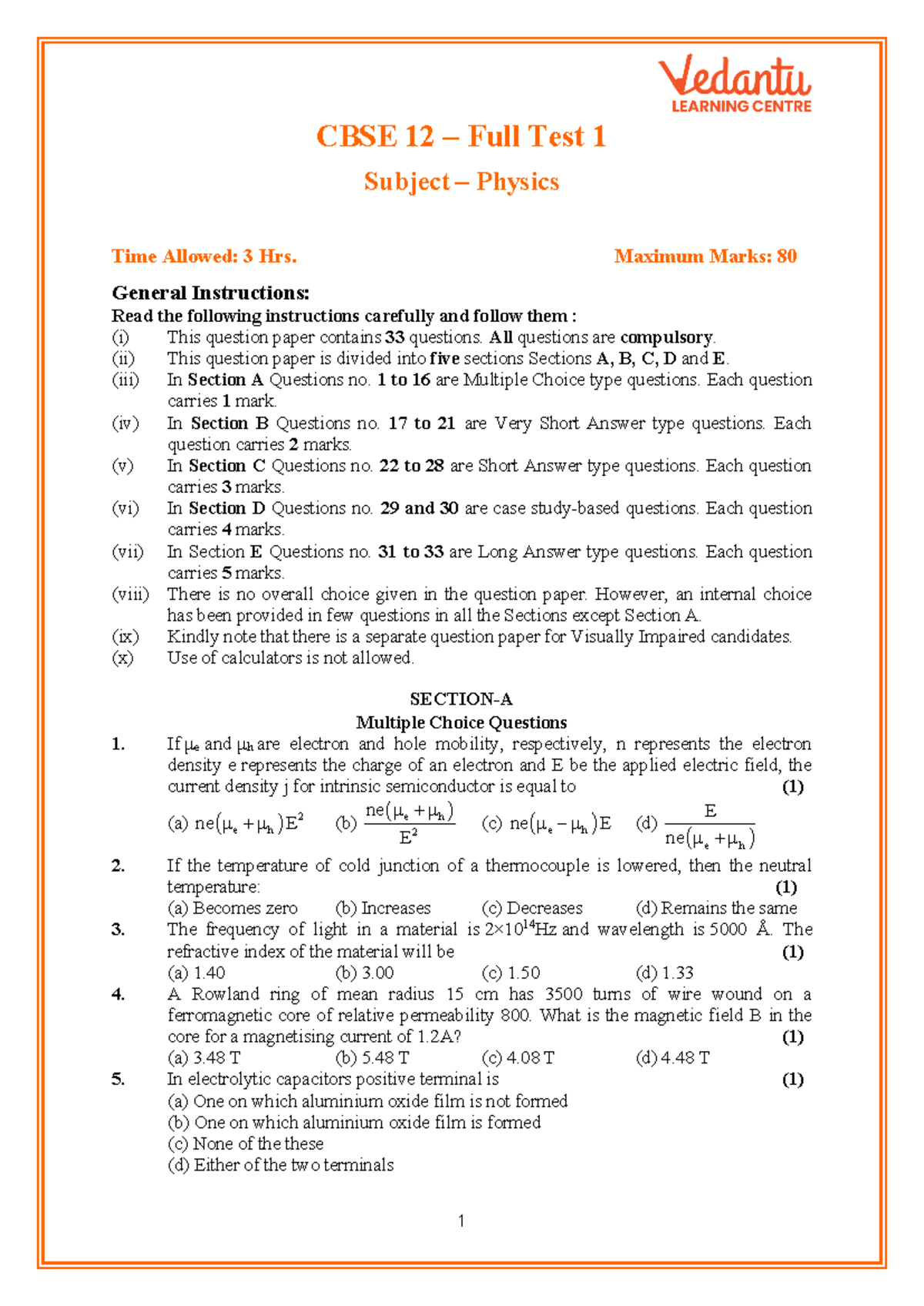CBSE 12 Physics Full Test 1 - 3 Hrs, Max Marks: 80 - Studocu