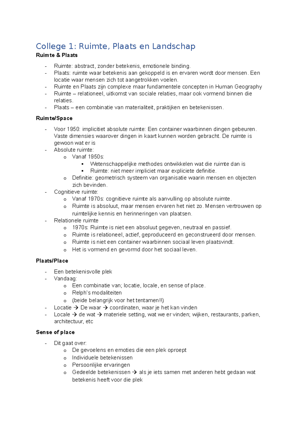 Colleges - College aantekeningen: Ruimte, Plaats en Landschap, en Geluk ...