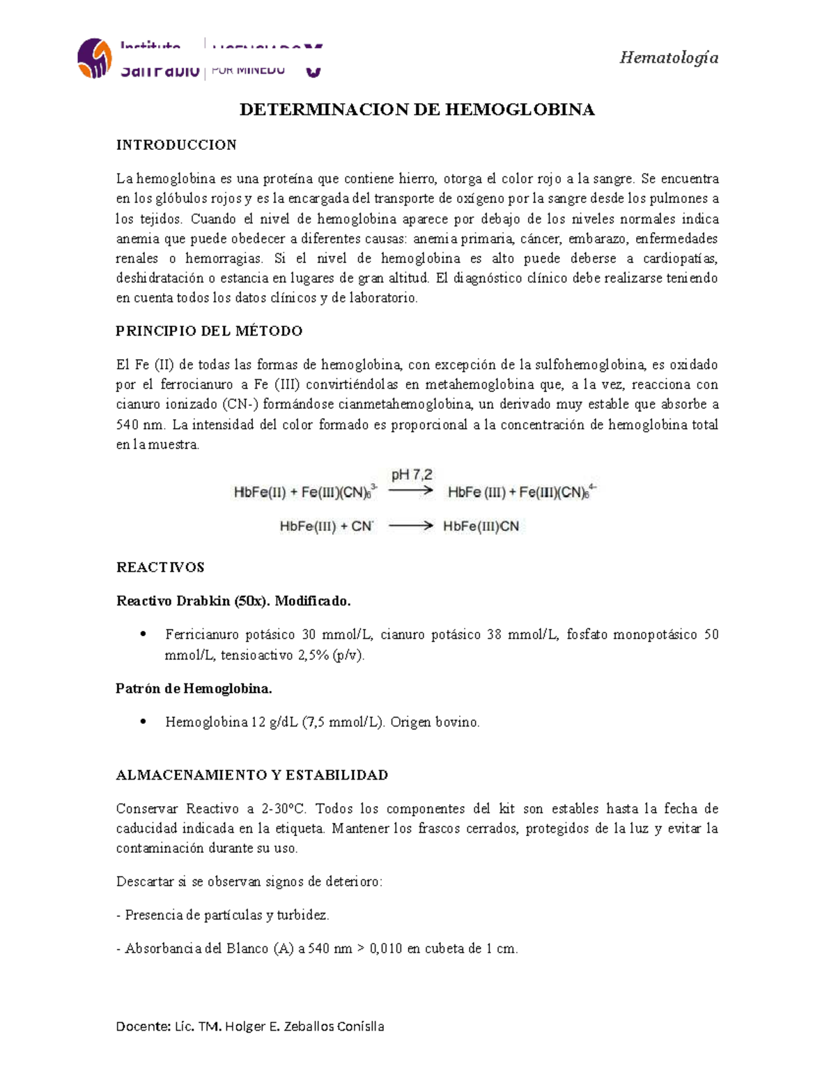 Práctica V: Determinación de Hemoglobina en Hematología - Studocu