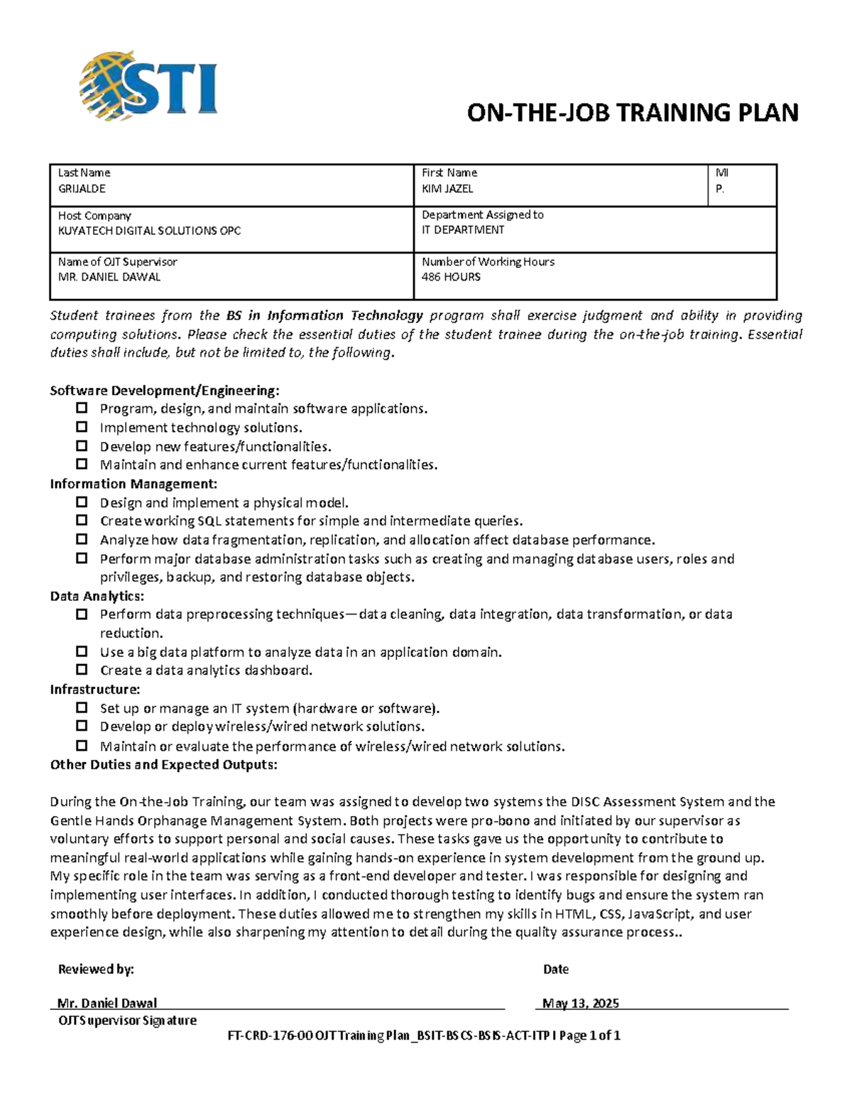 OJT Training Plan for BS in IT Students at KUYATECH Digital Solutions ...