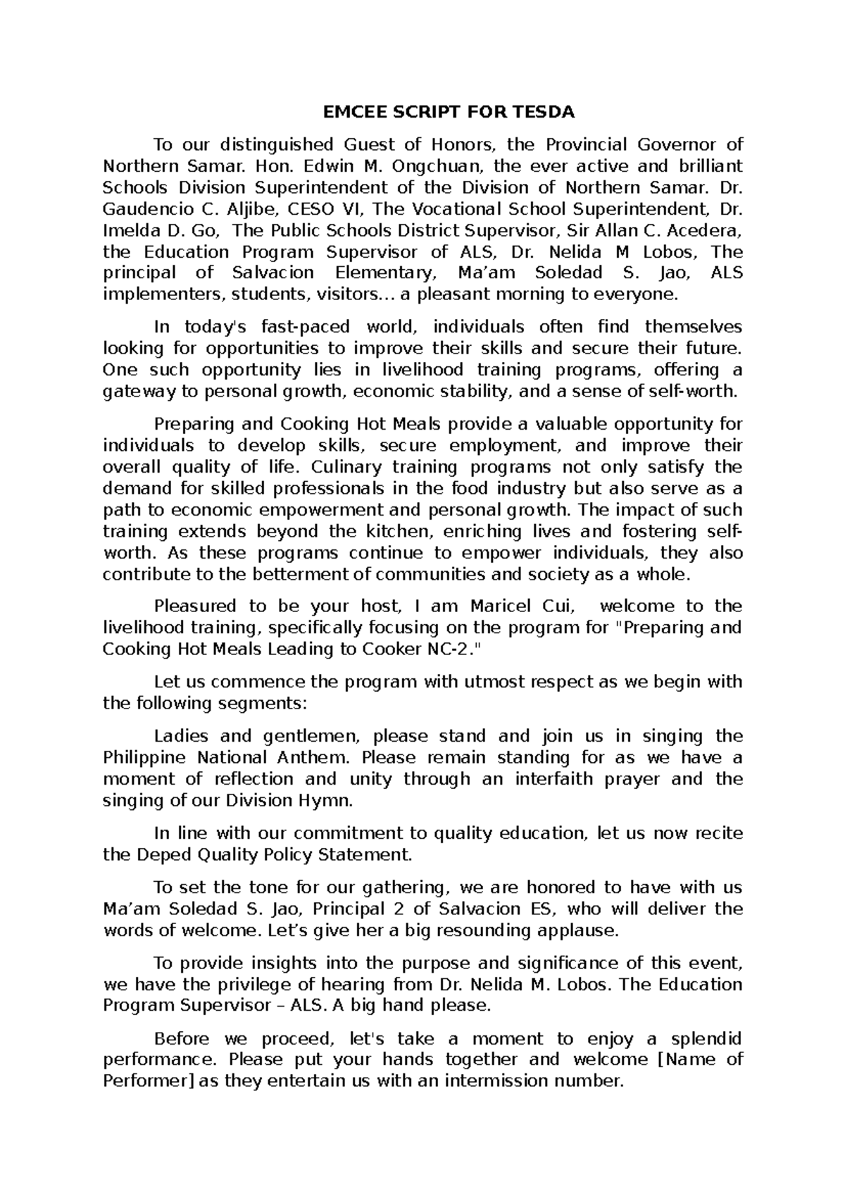 Emcee Script for TESDA Livelihood Training: Cooking Hot Meals - Studocu