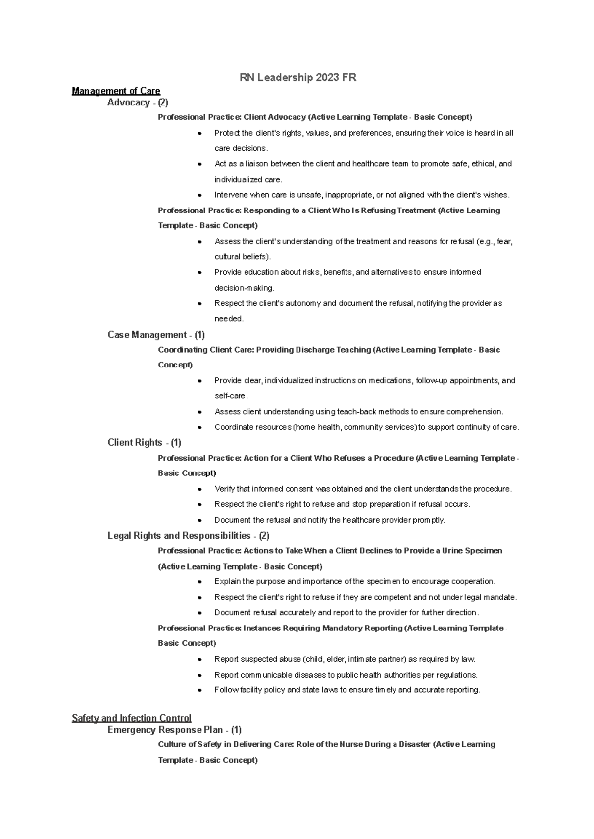 RN Leadership 2023 FR - Management of Care & Client Advocacy Notes ...