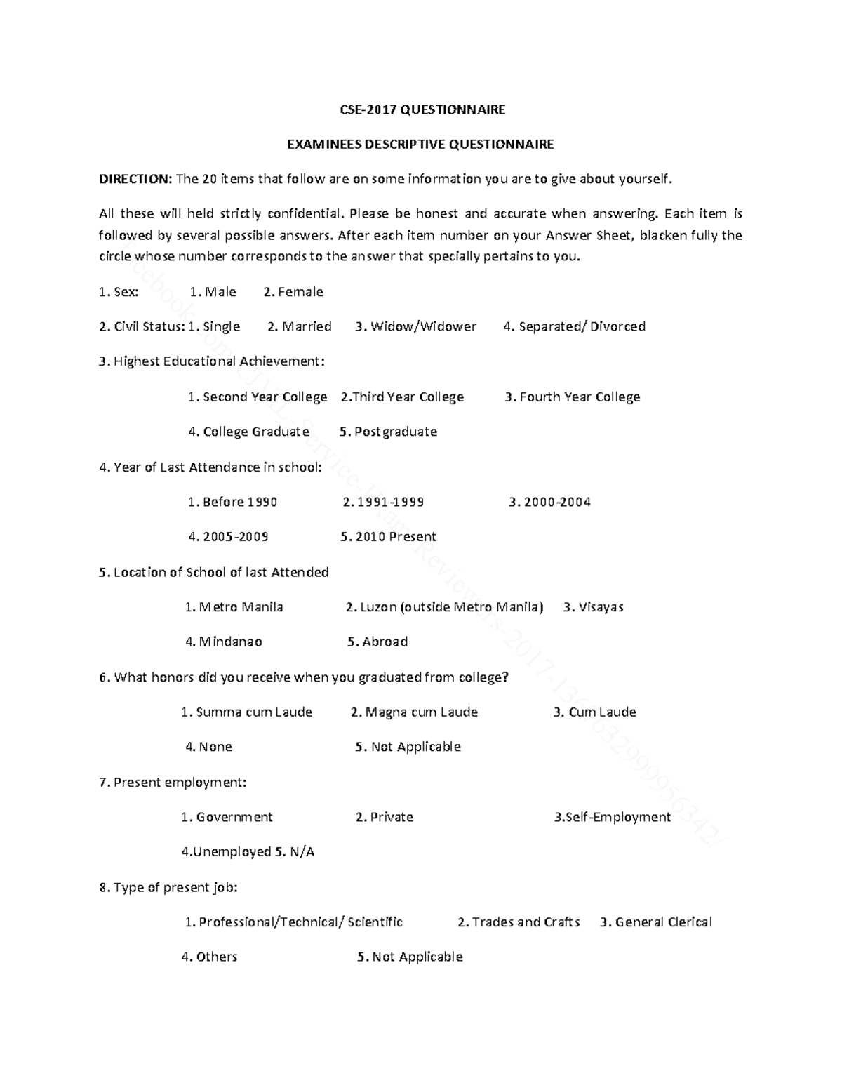CSE 1 - 2017 Descriptive Questionnaire for Examinees - Studocu
