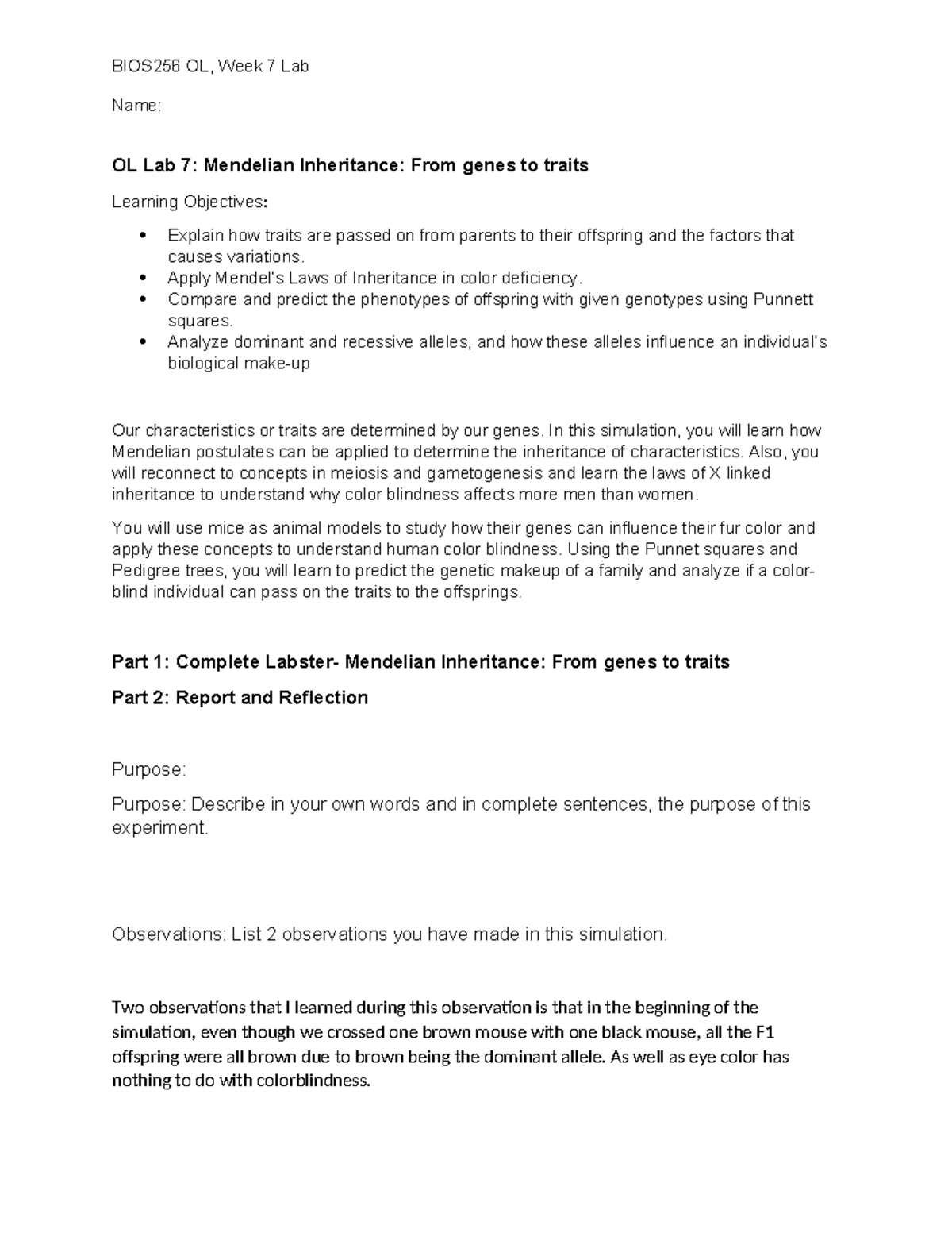 BIOS256 OL, Week 7 Lab: Mendelian Inheritance & Color Blindness Analysis - Studocu