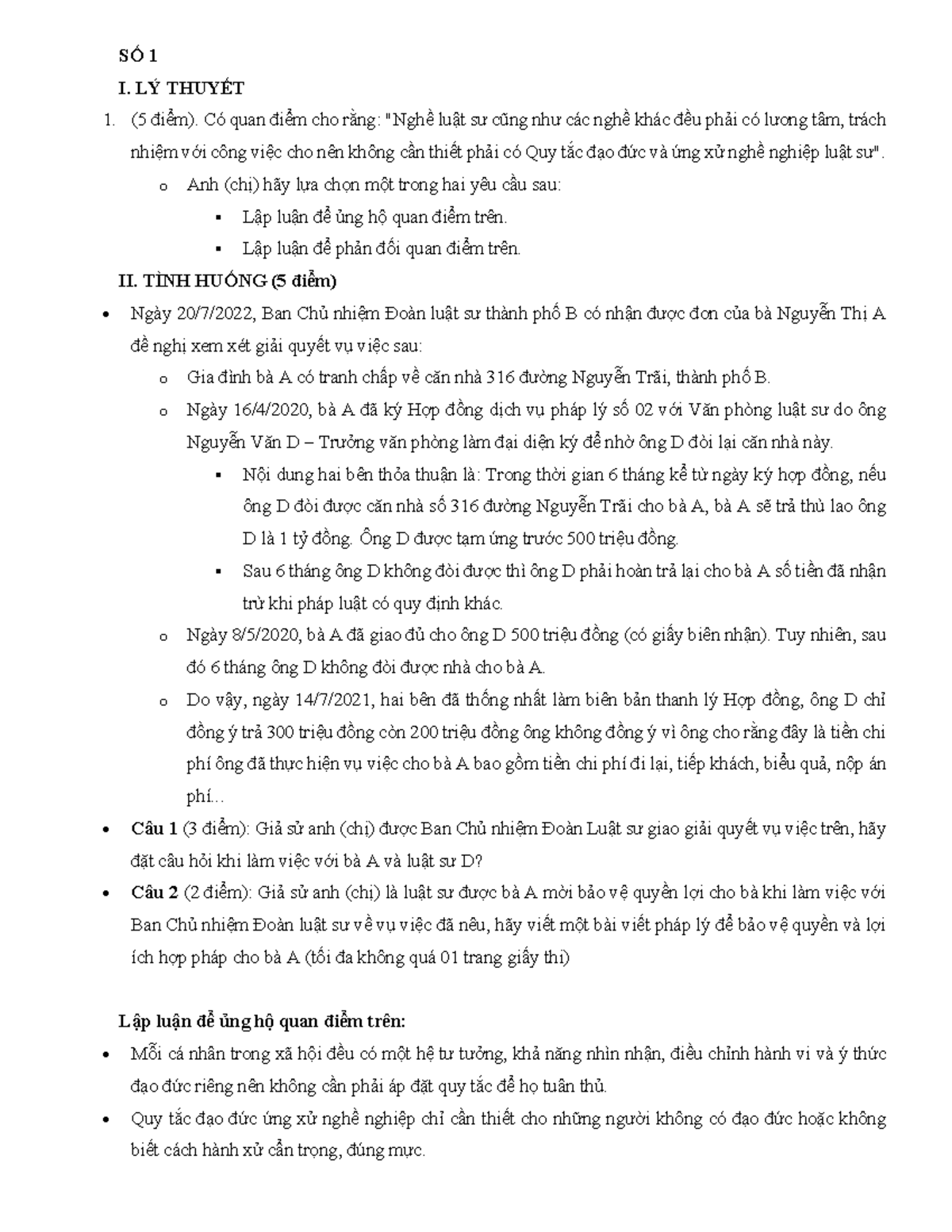 Đề thi và đáp án môn Luật Sư 2 (LS2) - Lý thuyết và Tình huống - Studocu