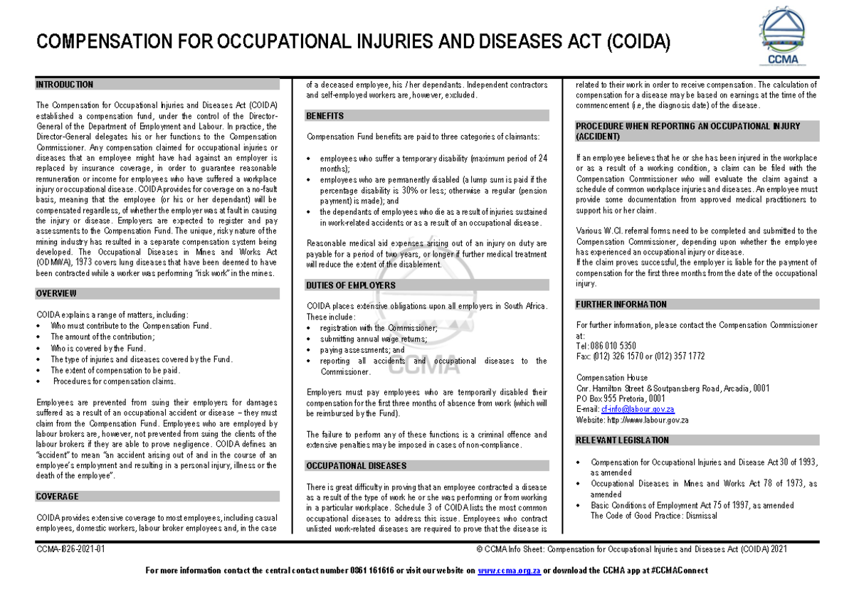 COIDA Guidelines: Compensation for Occupational Injuries 2021 - Studocu