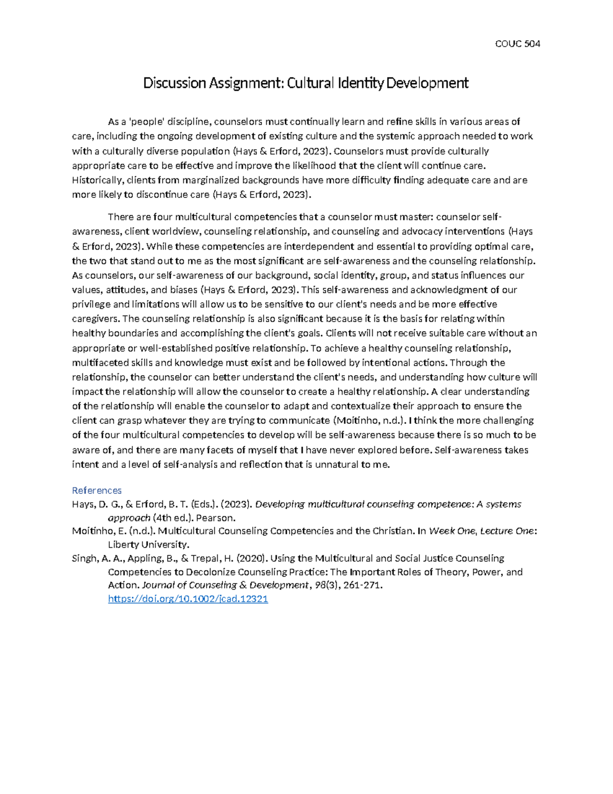 COUC504 Final Exam on Cultural Identity Development and Counseling ...