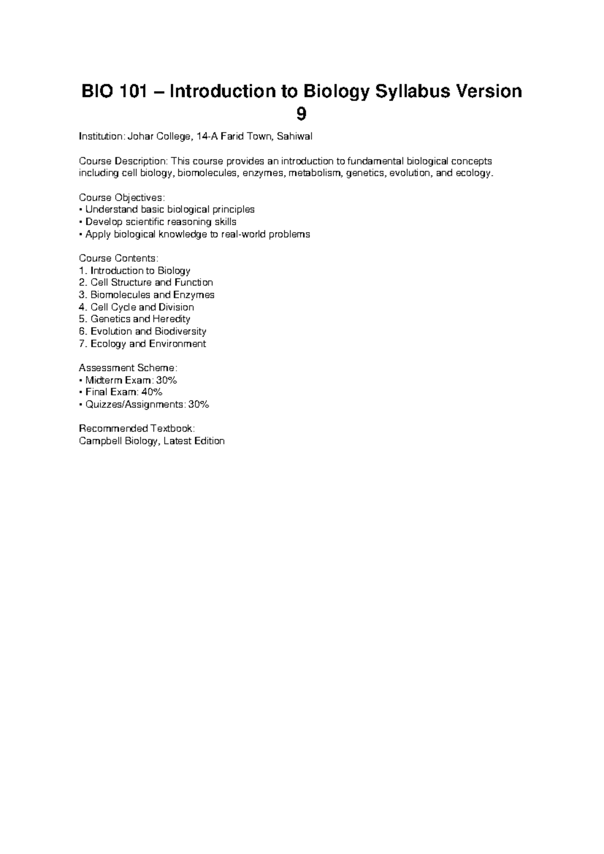 BIO 101 Syllabus Version 9 - BIO 101 – Introduction to Biology Syllabus ...