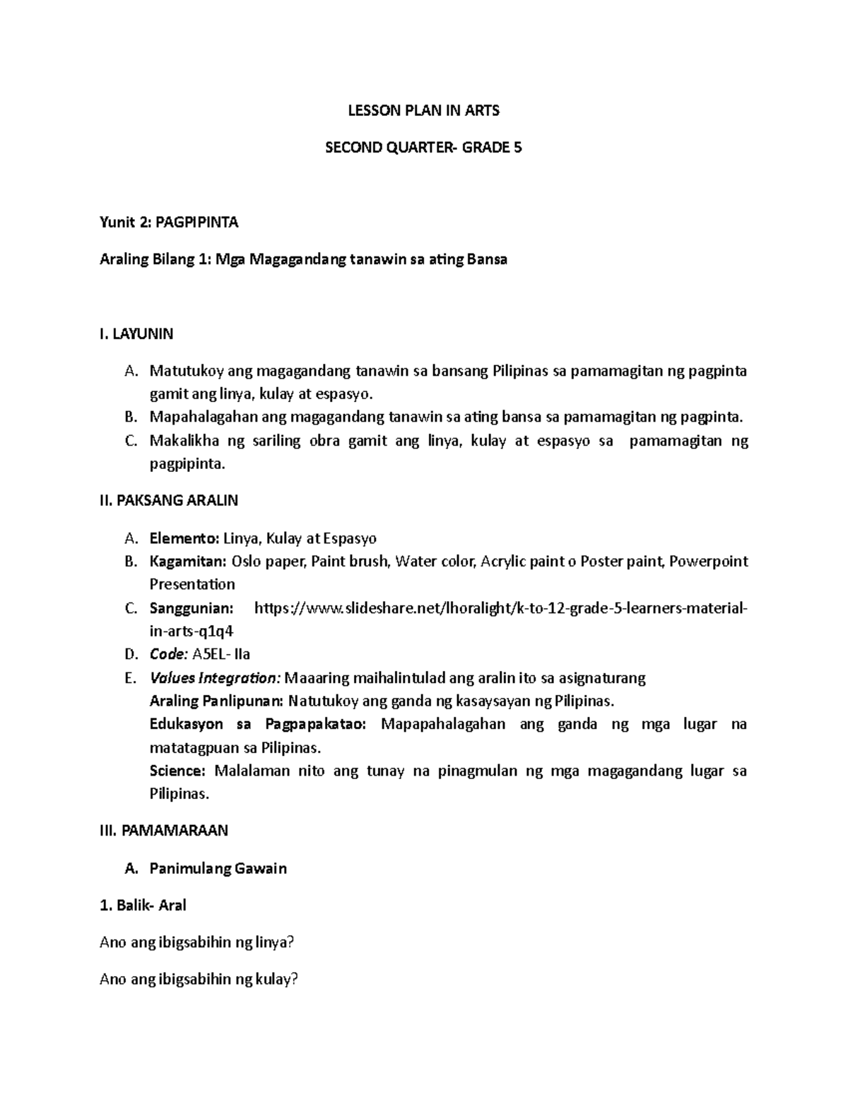 Aralin sa Sining: Pagpinta ng Magagandang Tanawin sa Bansa (A5EL-IIa ...