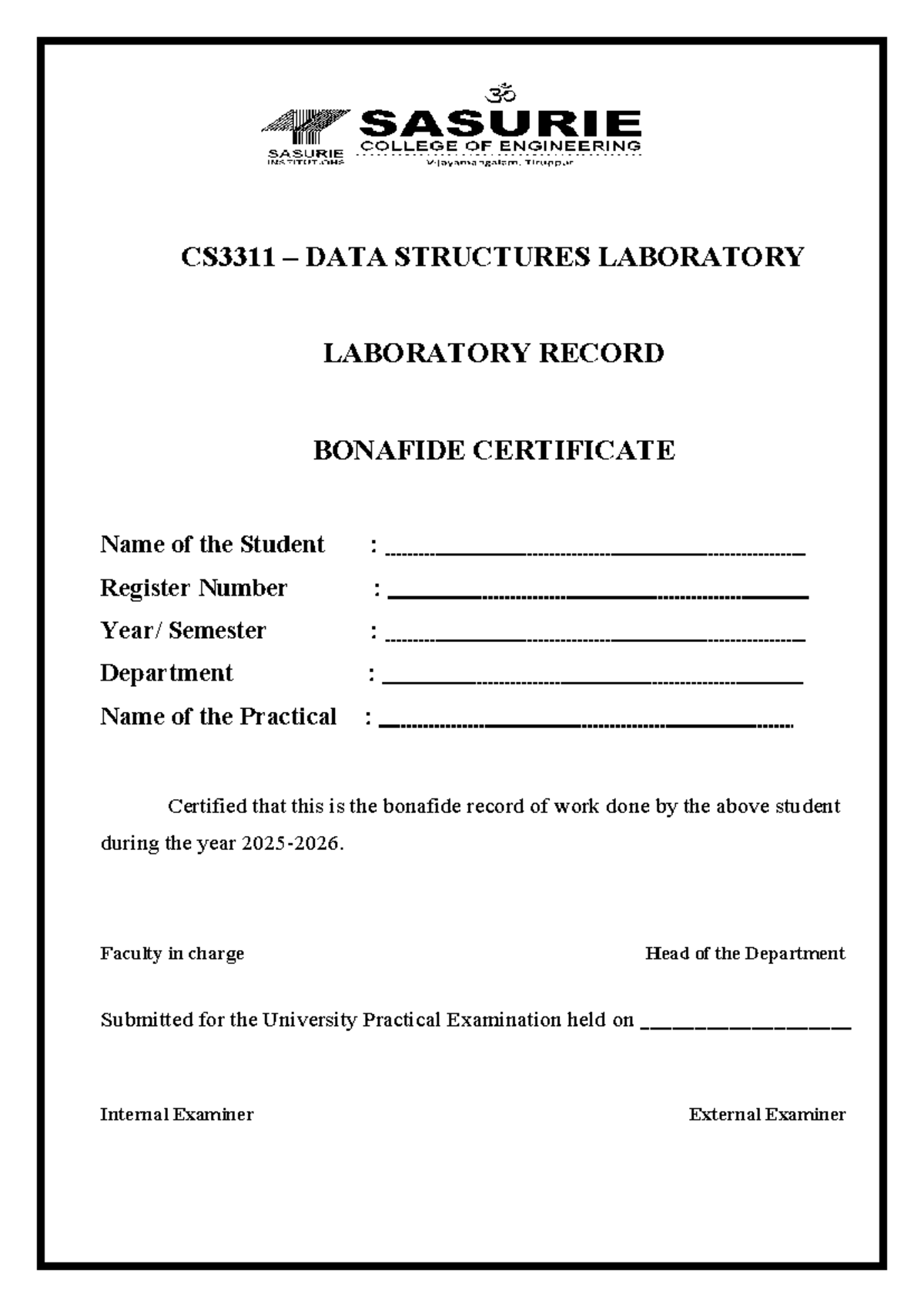CS3311 Data Structures Lab Record & Bonafide Certificate - Studocu