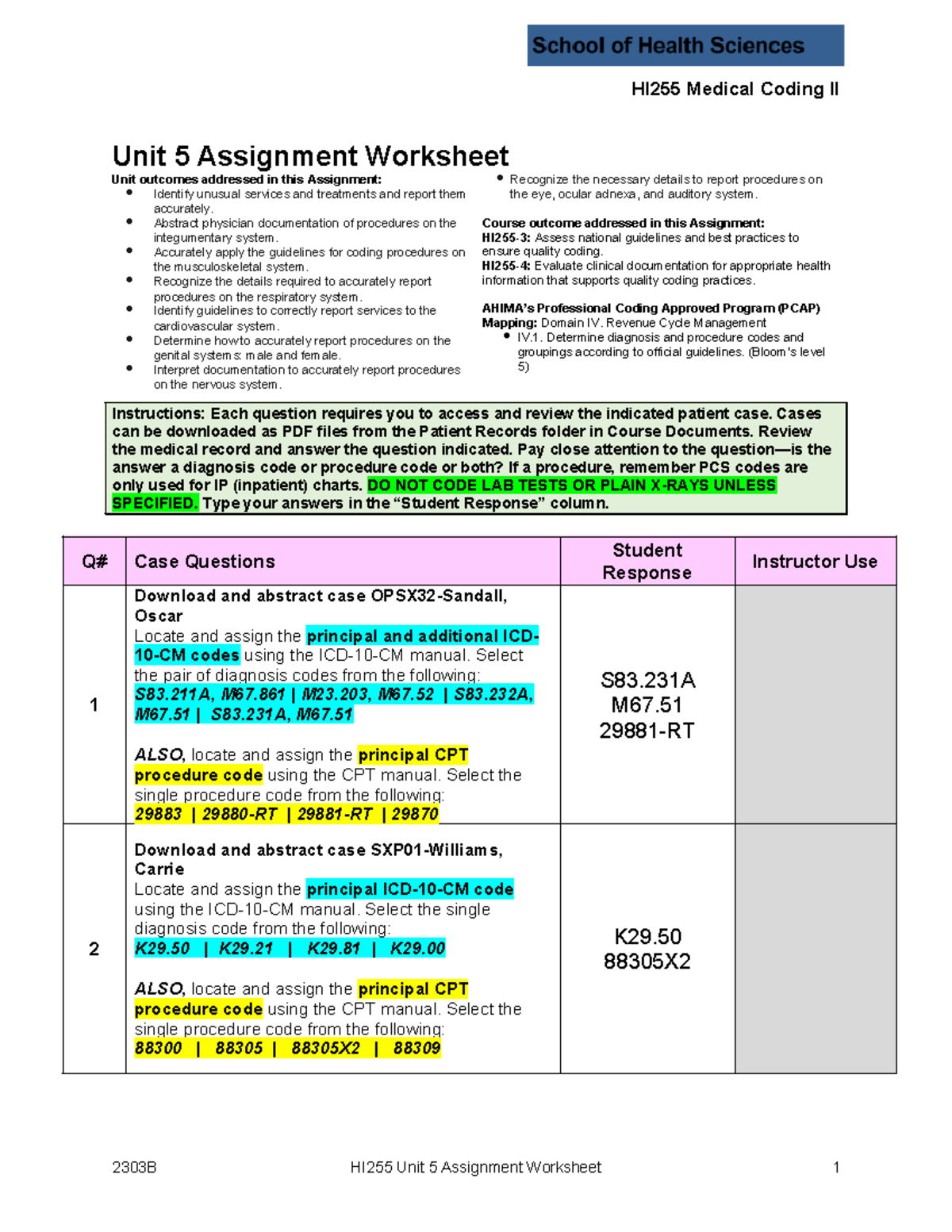 HI255 Medical Coding II - Unit 5 Assignment Questions and Guidelines - Studocu