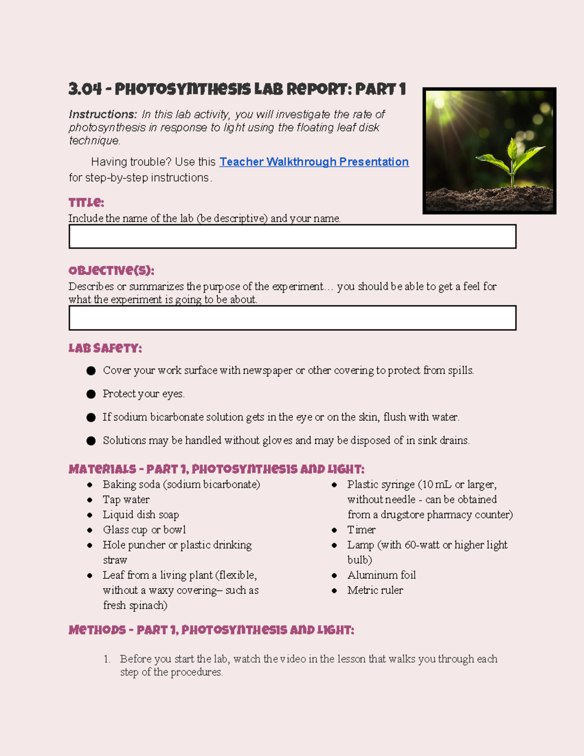 3.04 Photosynthesis Lab Report - 3 - Photosynthesis Lab Report: Part 1 ...