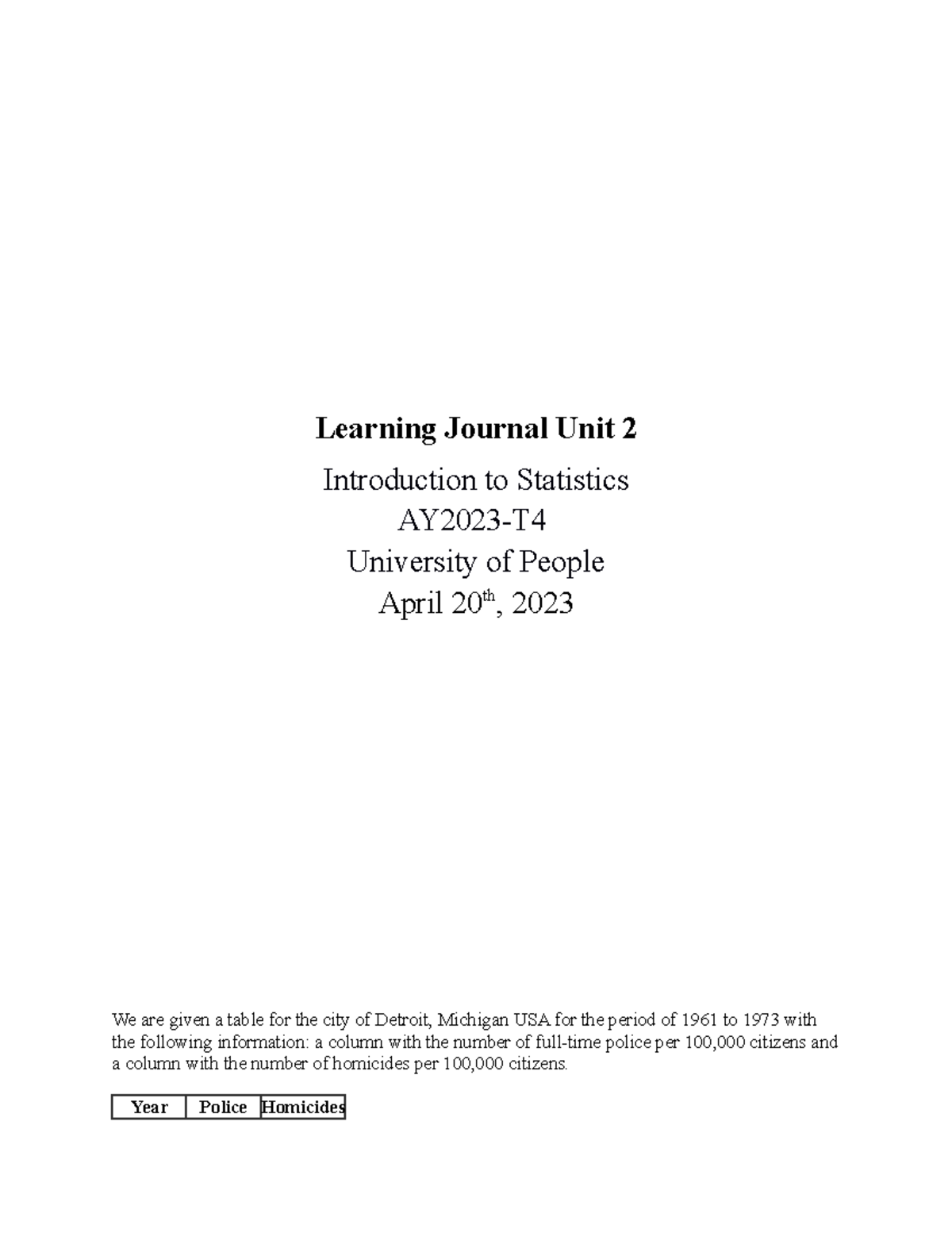 Learning Journal Unit 2: Intro to Stats & Homicide Trends Analysis ...