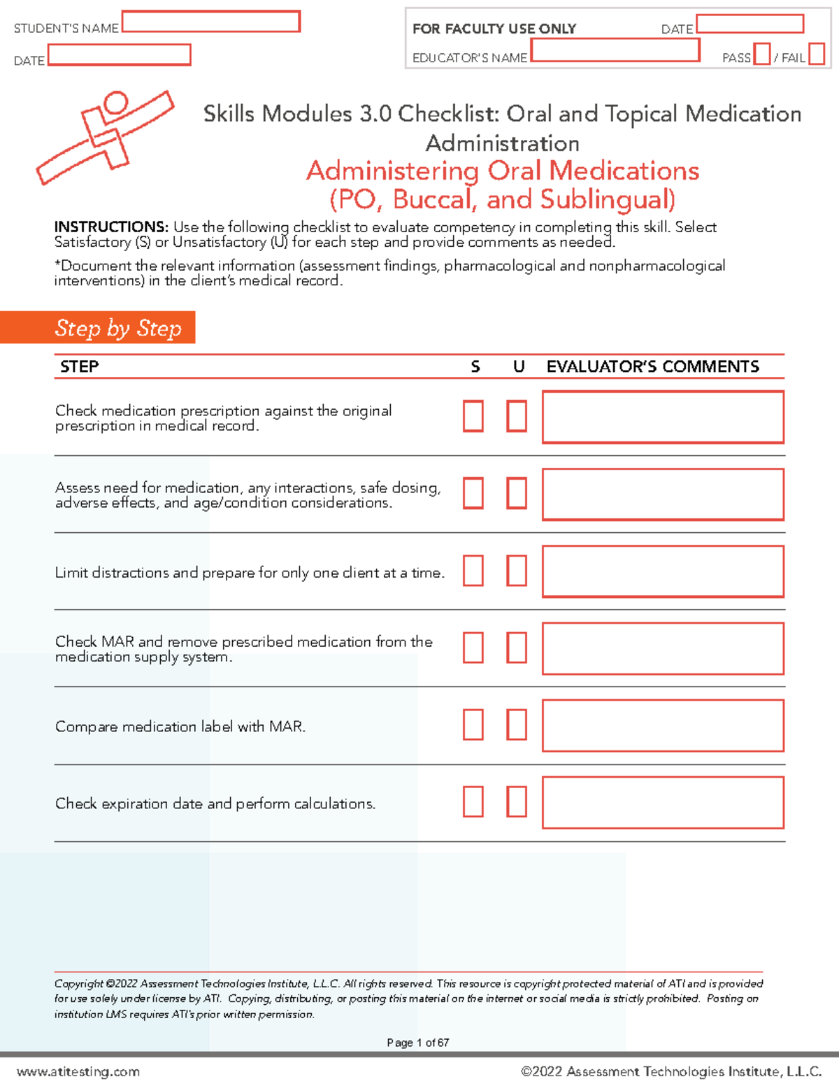 Skills Modules 3.0 Checklist: Oral & Topical Medication Admin. - Studocu