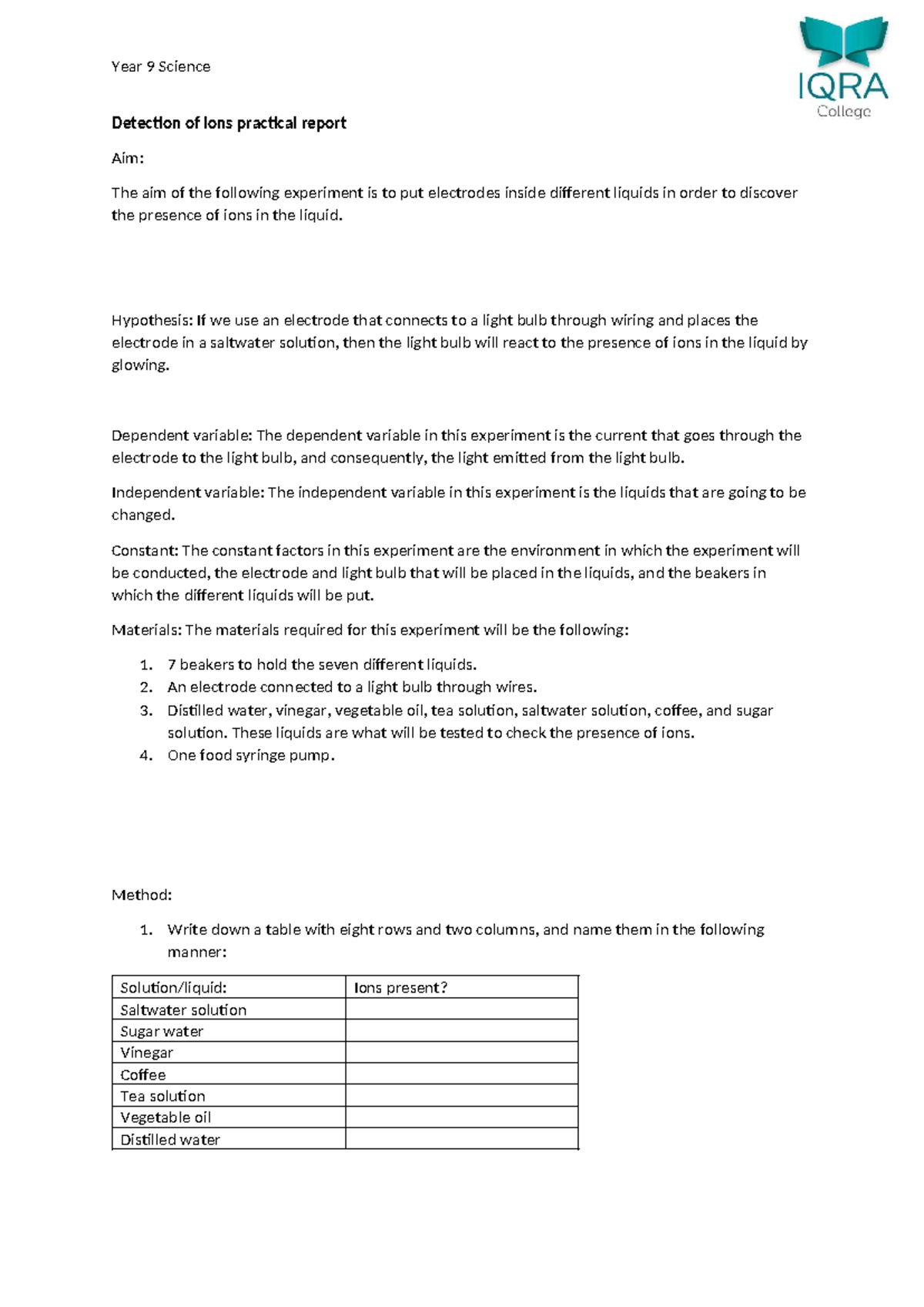 Year 9 Science: Detection of Ions Practical Report - Studocu