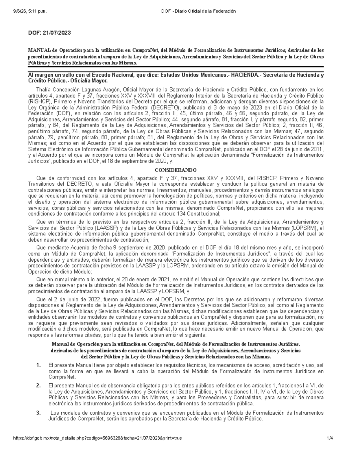 Manual de Operación CompraNet: Formalización de Instrumentos Jurídicos ...