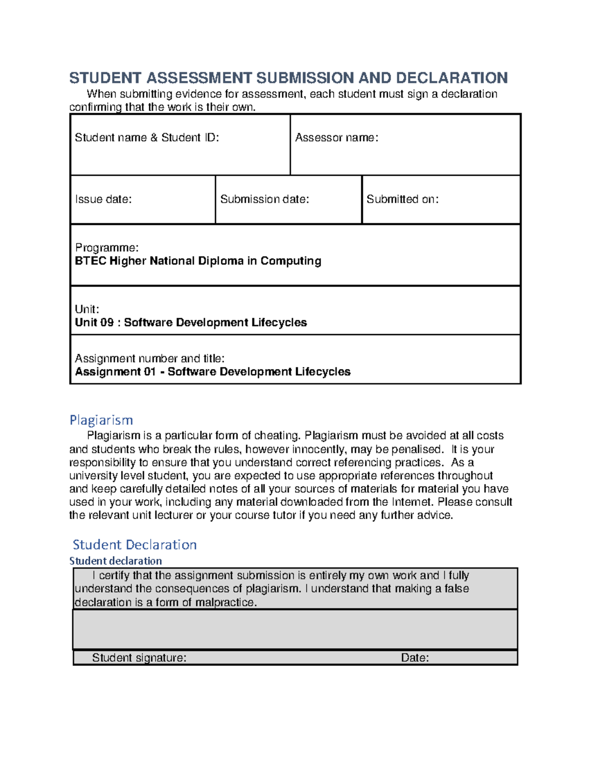 SDLC Assignment 01 - Unit 09 - Software Development Lifecycles Overview - Studocu