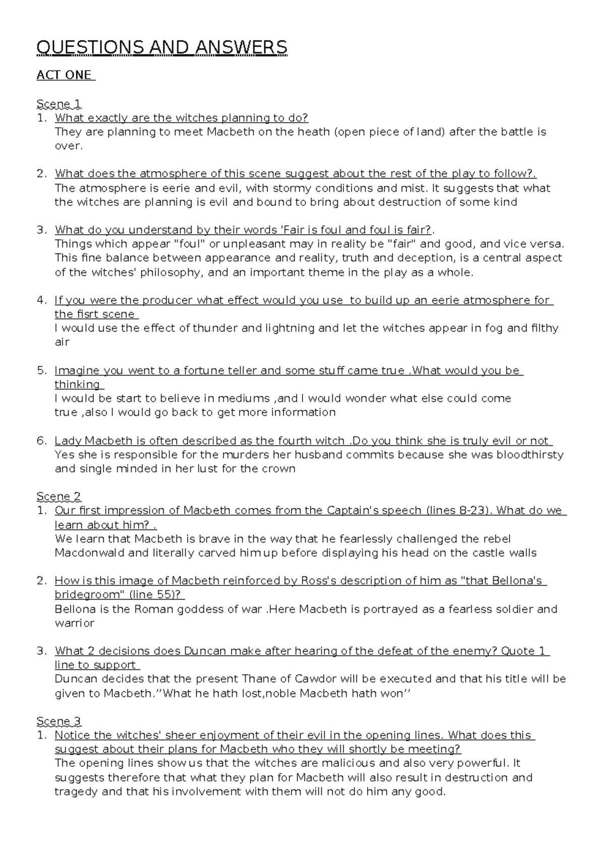 Macbeth Analysis Questions: Detailed Insights on Key Scenes - Studocu