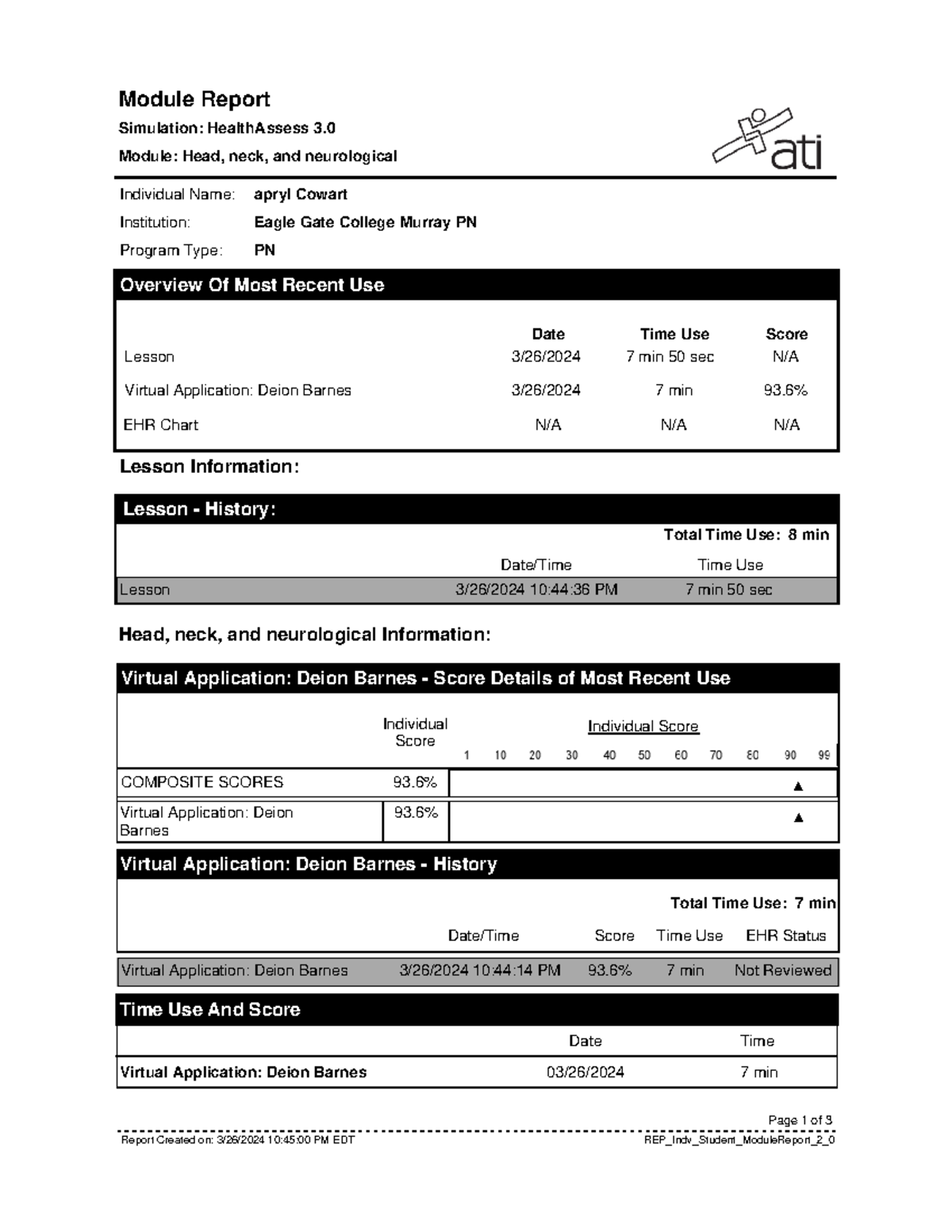 Health Assessment Module Report: Head, Neck, and Neurological Exam PN ...