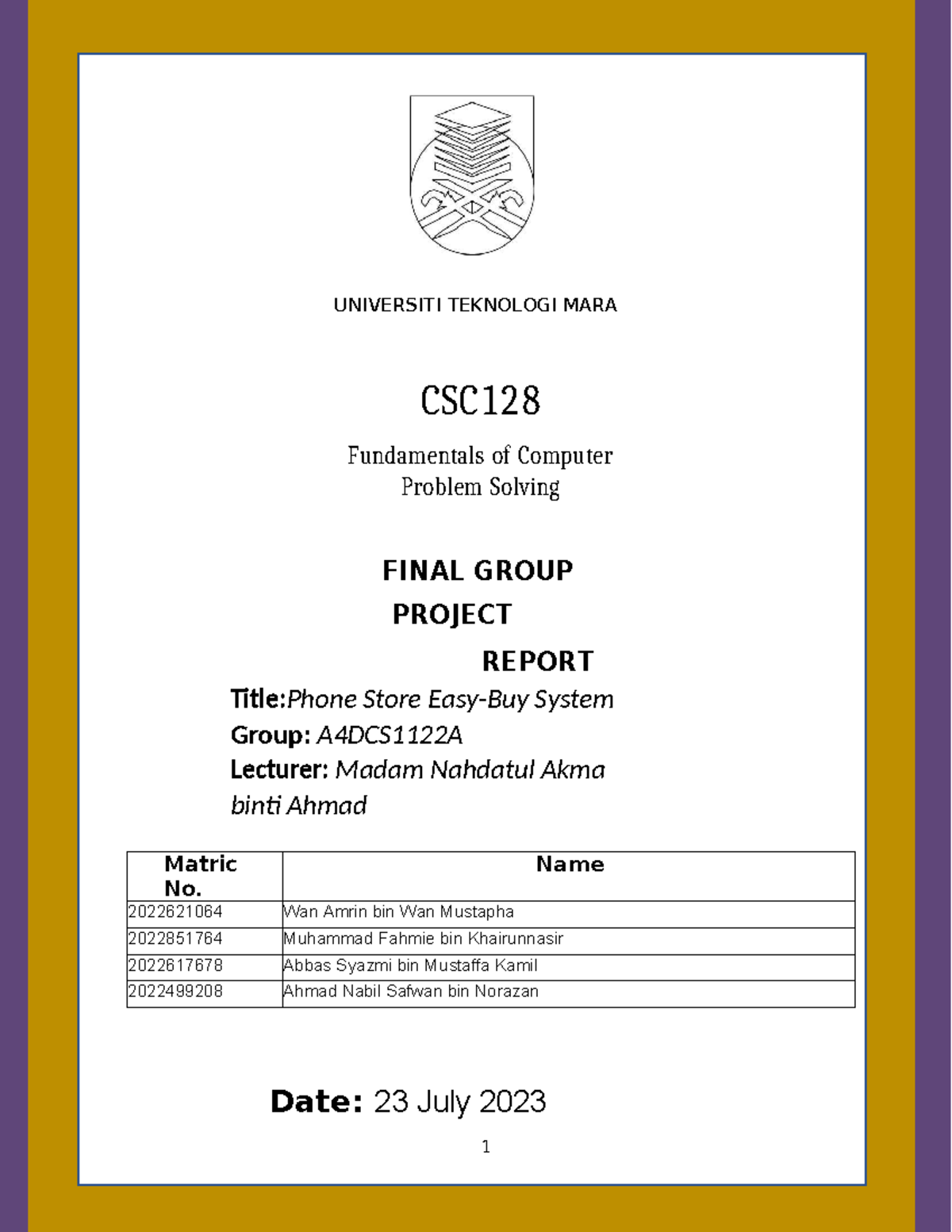 Final Group Project Report: Phone Store Easy-Buy System (CSC126) - Studocu