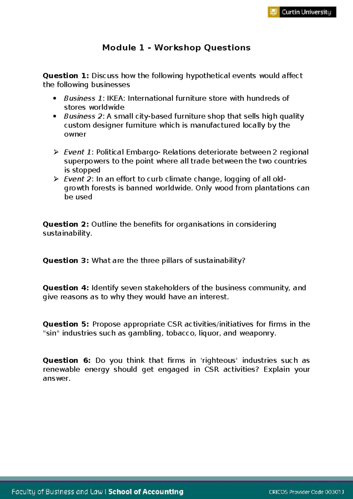 ACCT1002 Module 1 Workshop Questions on Business Impact & Sustainability - Studocu