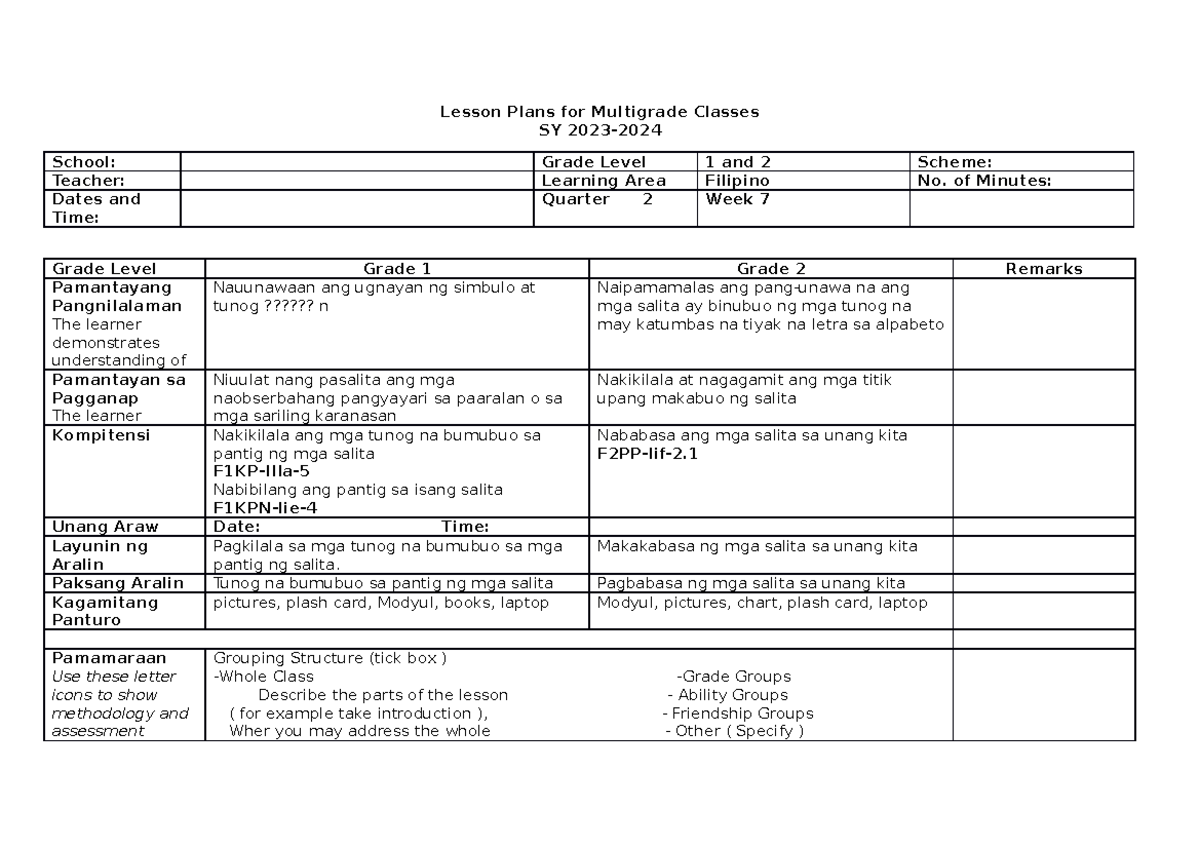 LP-FOR- Lesson Plans for Multigrade Classes (Grades 1 & 2) - Studocu