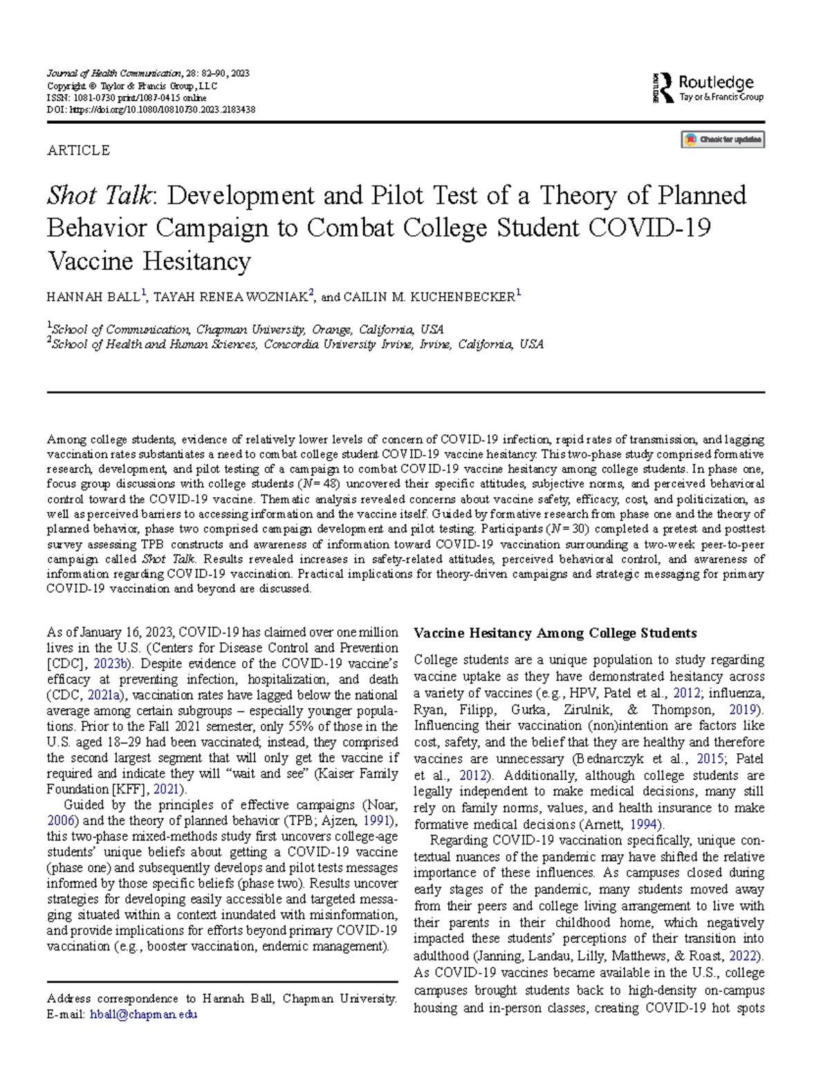 COVID-19 Vaccine Hesitancy Campaign: Insights from College Students ...