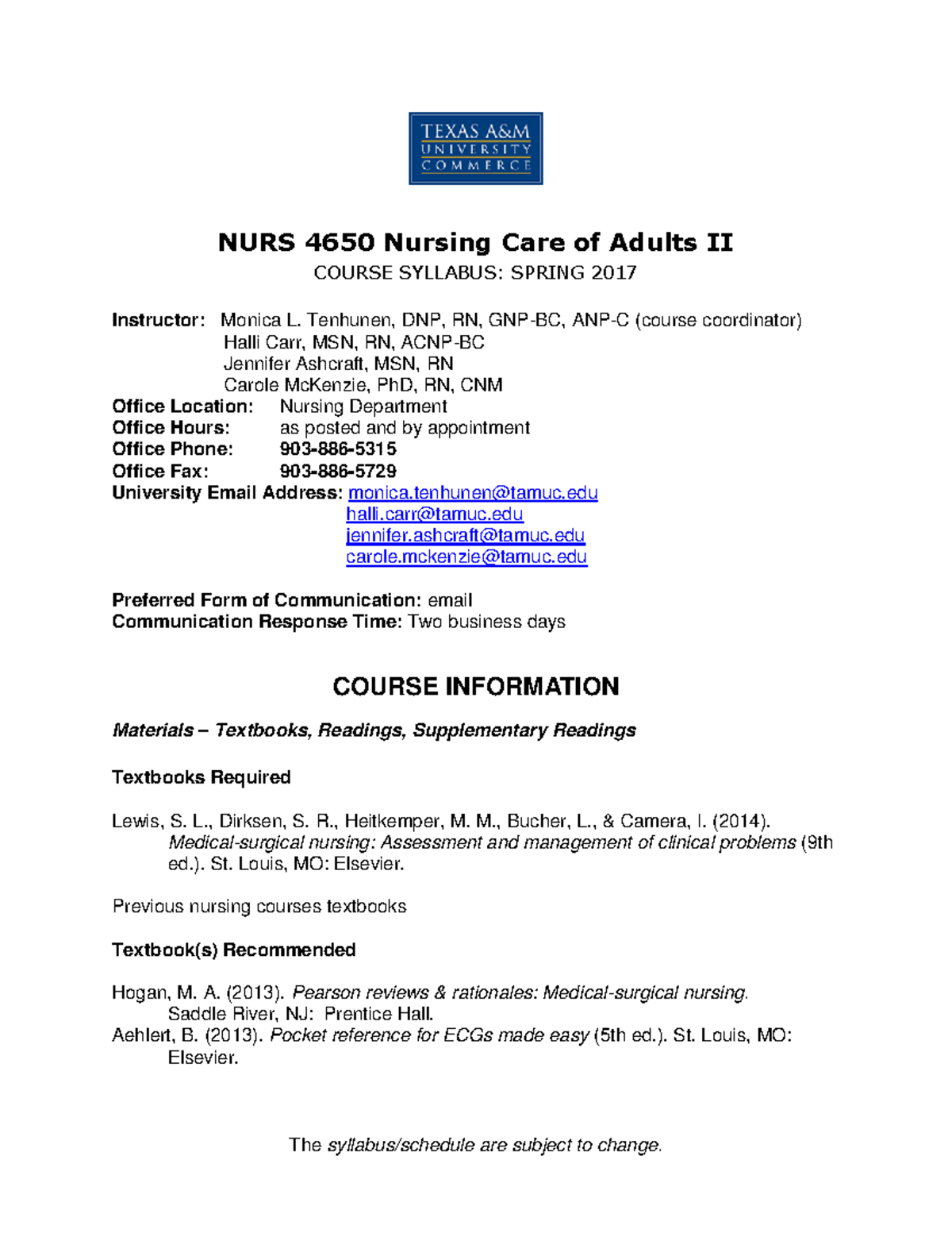 NURS 4650 Adult Health II Syllabus - Spring 2017 Overview - Studocu