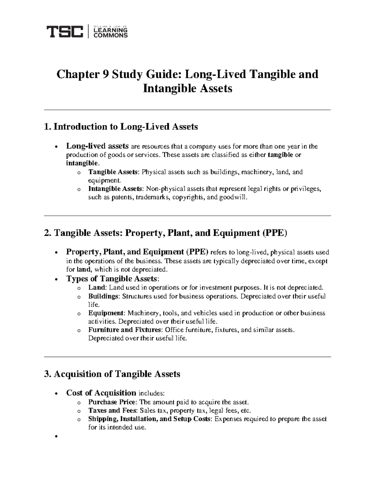 Chapter 9 Study Guide: Tangible & Intangible Assets in Financial ...