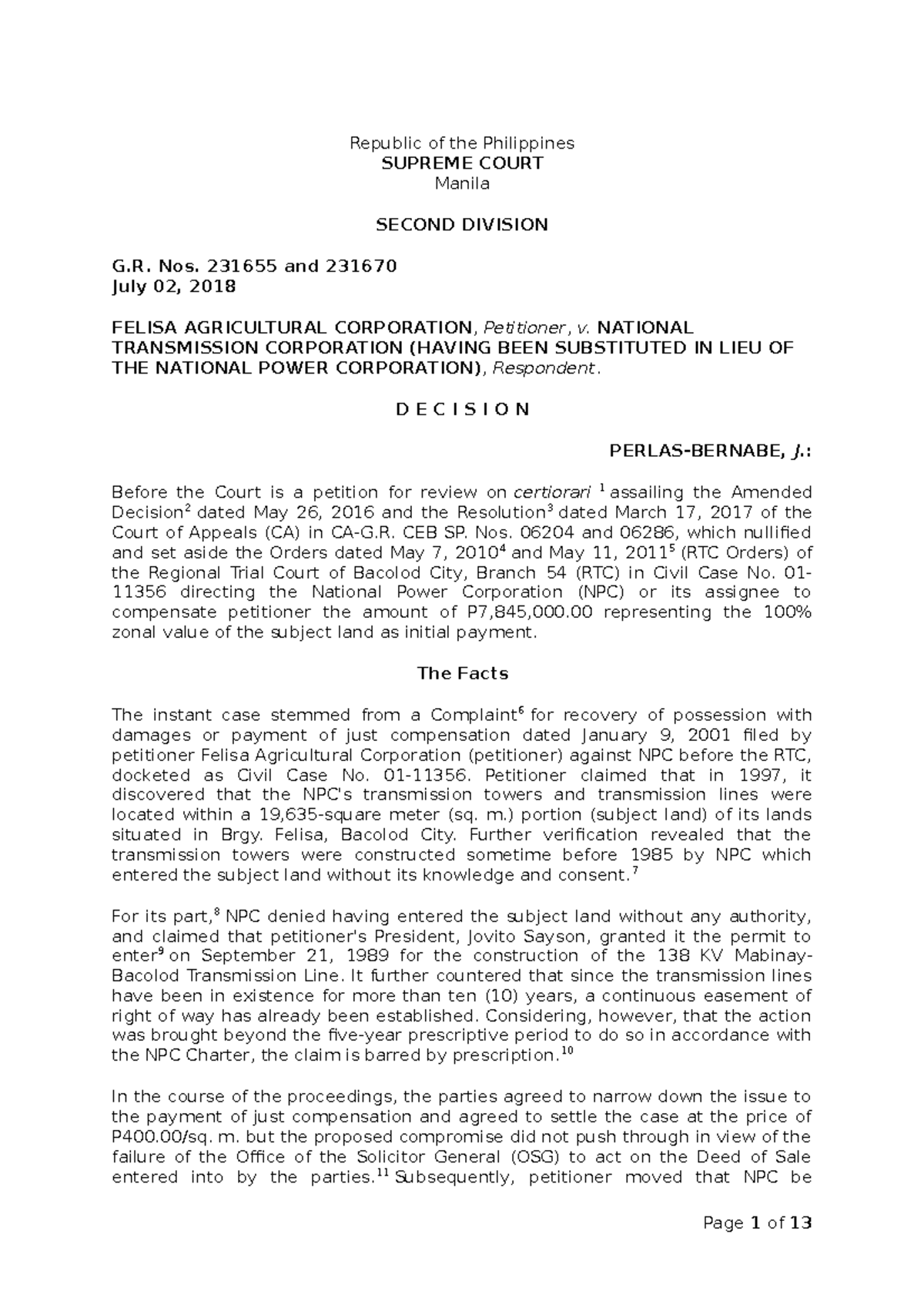 LAW 1106 Case Study on G.R. No. 231655: Felisa Agri Corp. vs. NTC - Studocu