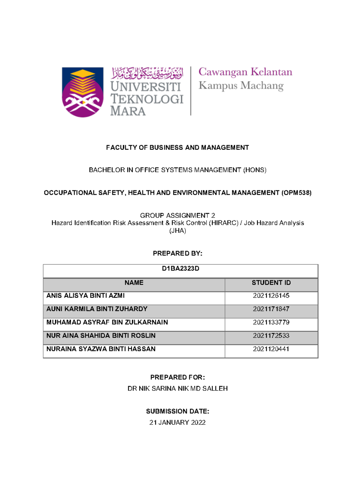 OPM538 Group Assignment 2: HIRARC Analysis by Group 7 - Studocu