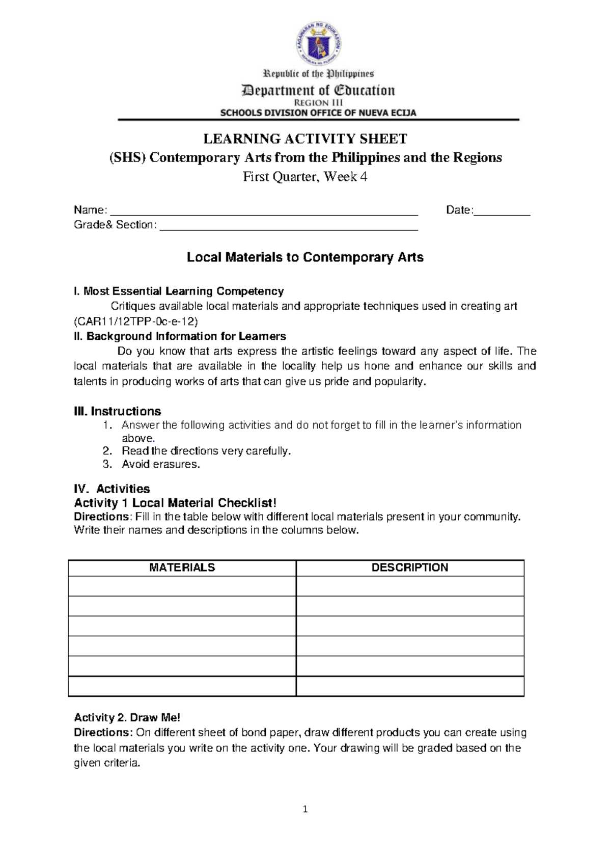 CON ARTS Q1 LAS Week 4: Local Materials in Contemporary Arts - Studocu