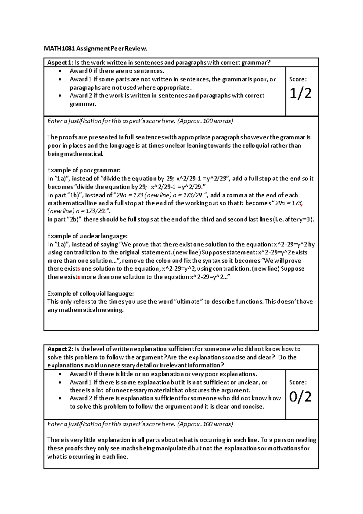 MATH1081 Assignment Peer Review Template and Feedback Guide - Studocu