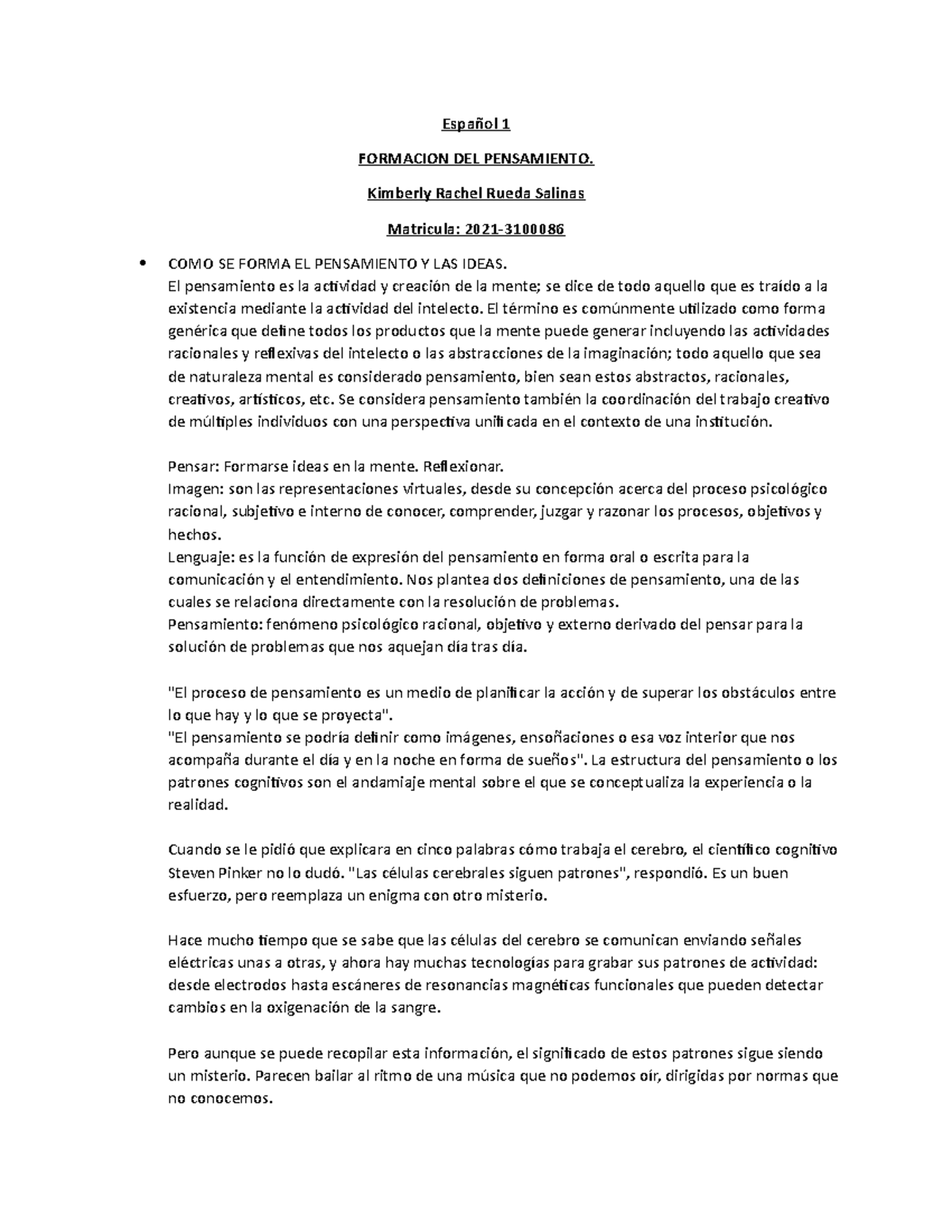 Formacion del pensamiento tarea 2 - Español 1 FORMACION DEL PENSAMIENTO ...