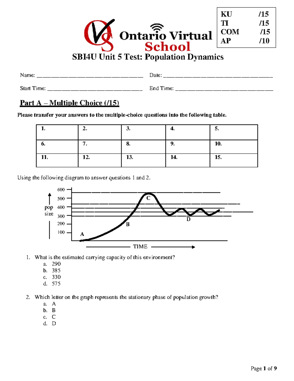 KU TI COM AP SBI4U Unit 5 Test: Population Dynamics Overview - Studocu