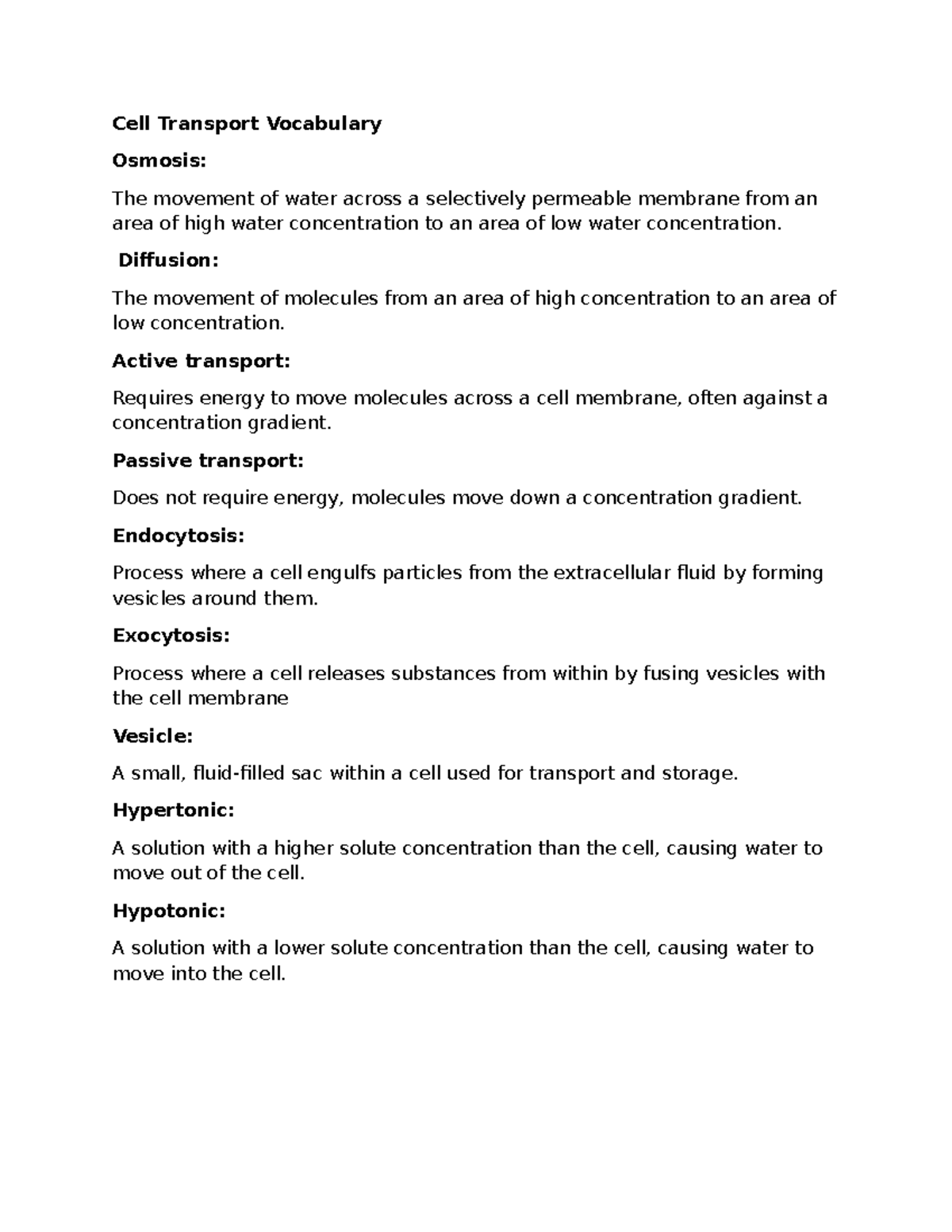 Cell Transport Vocabulary Definitions and Concepts - Studocu