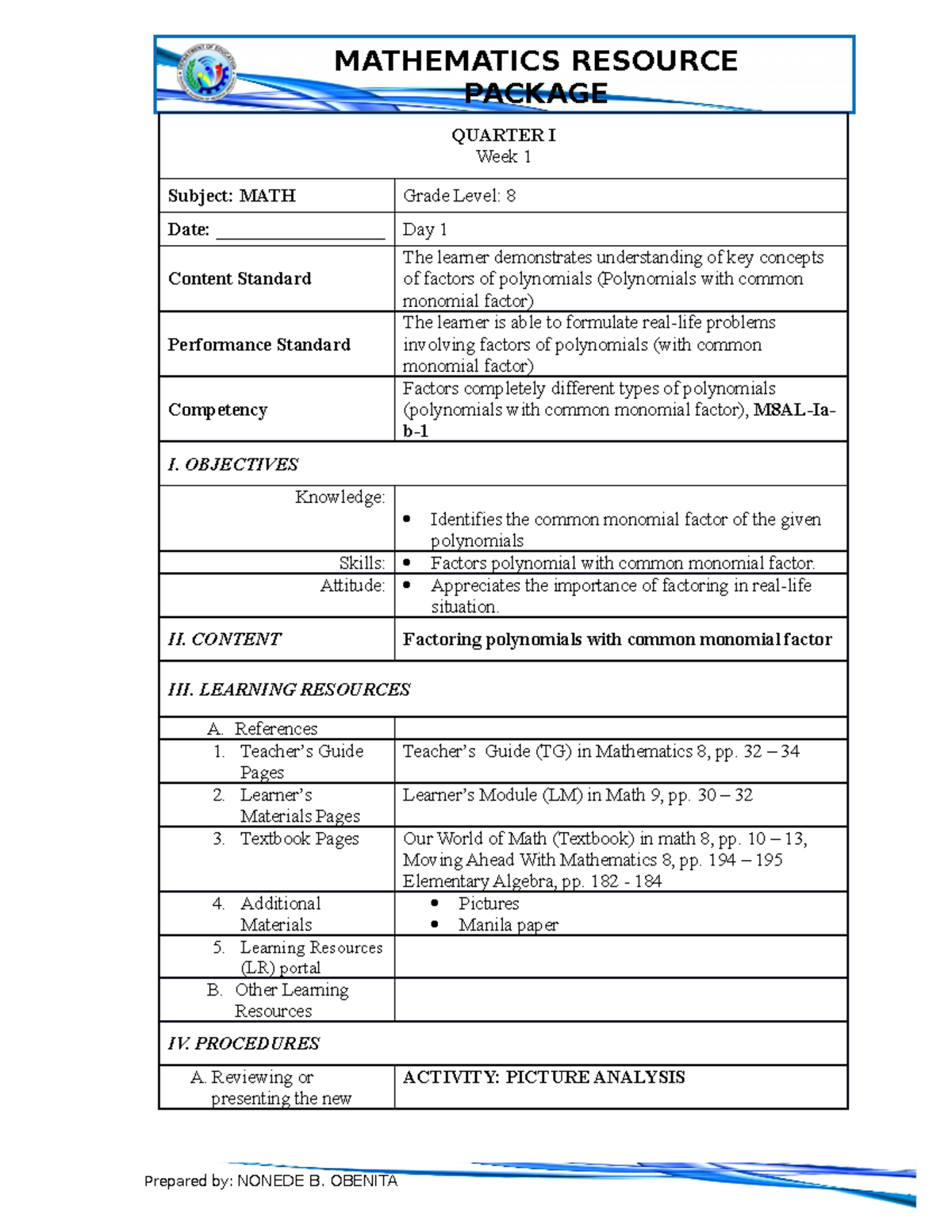 DLL-8 (WEEK 1, DAY 1) - A Detailed Lesson Plan for Grade 8 - Basic ...