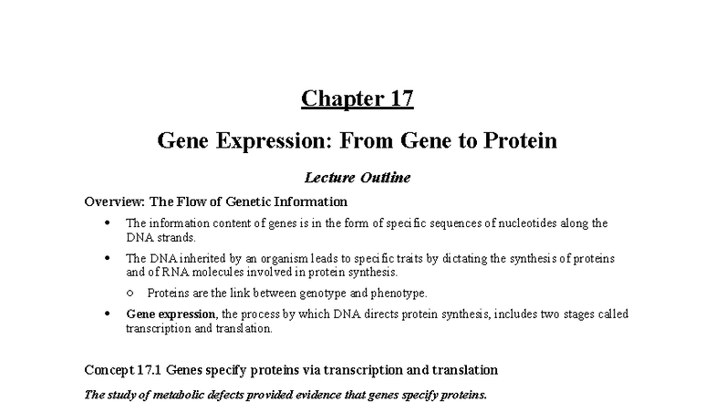 Ch 17 - Gene Expression: From Gene to Protein Lecture Notes - Studocu