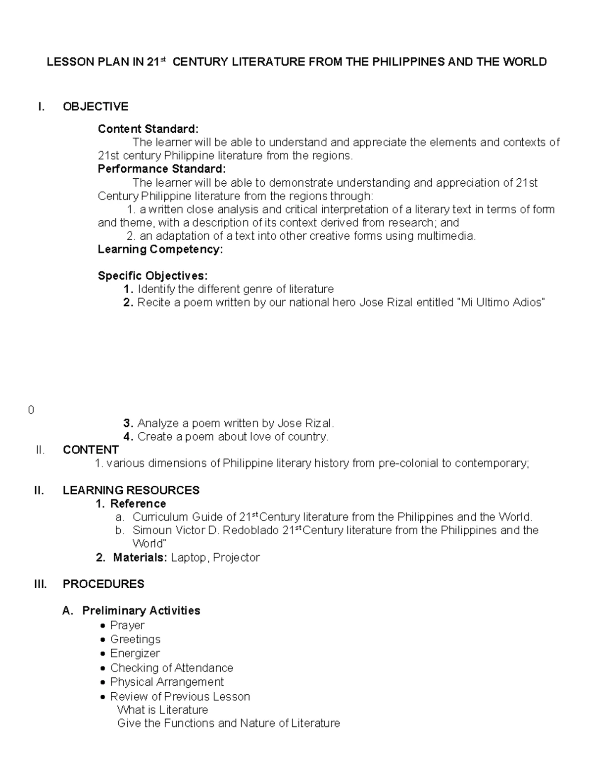 21st Century Literature Lesson Plan: Understanding Philippine Texts ...