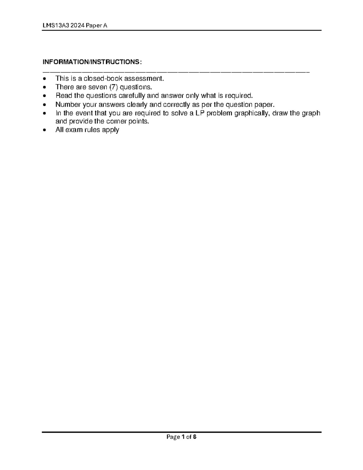 LMS13A3 2024 Final Exam Paper A: LP & Forecasting Strategies - Studocu