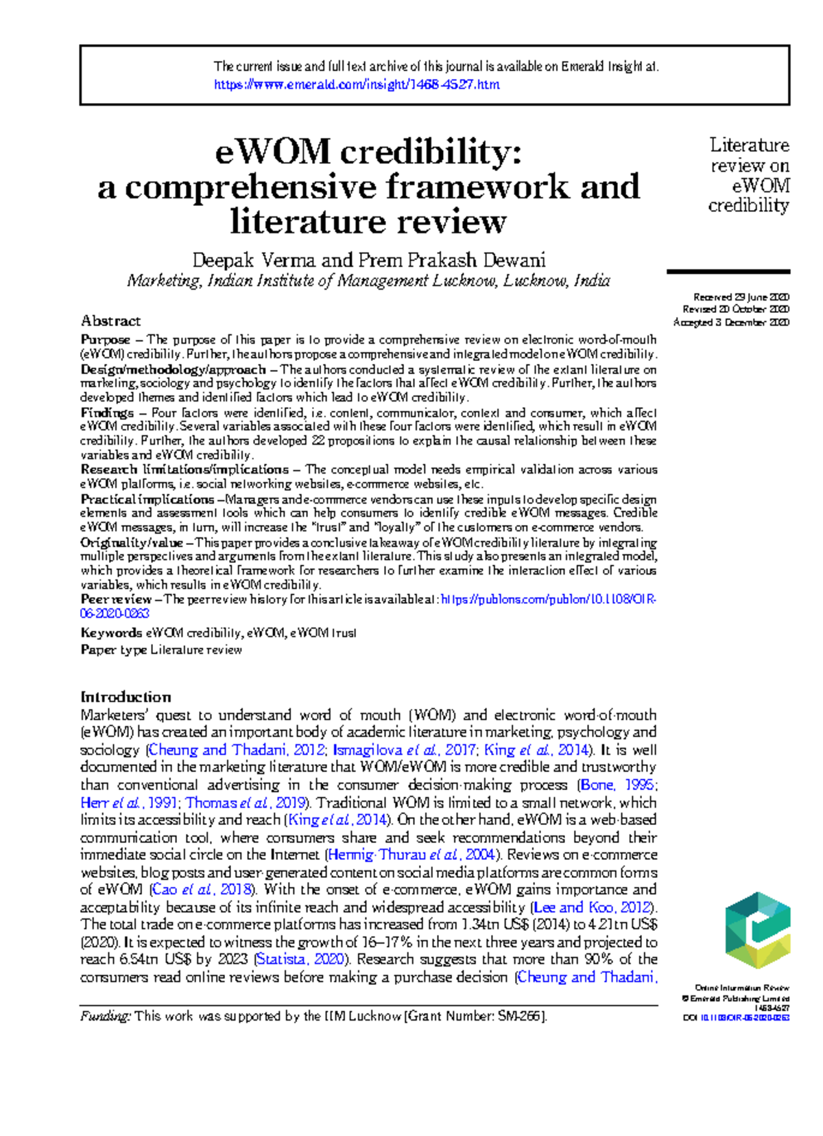eWOM Credibility: A Comprehensive Literature Review and Framework - Studocu