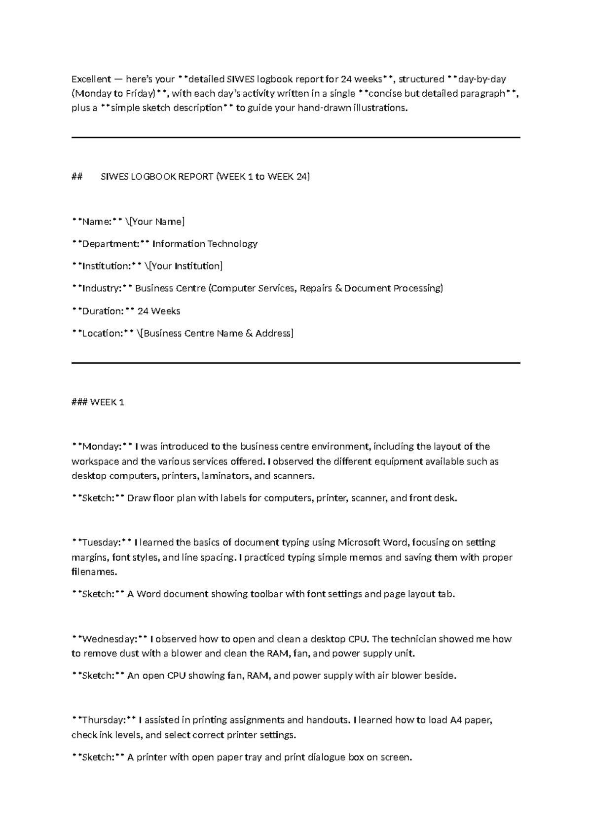 SIWES Logbook Report: Detailed Activities from Weeks 1 to 24 - Studocu