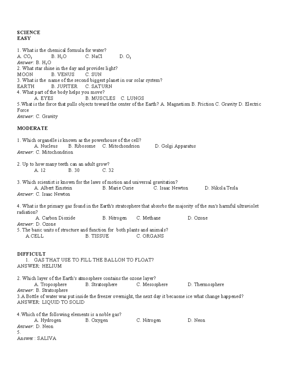 SCI-MATH QUIZ BEE Contest SEND TO MAAM Angel - SCIENCE EASY What is the ...