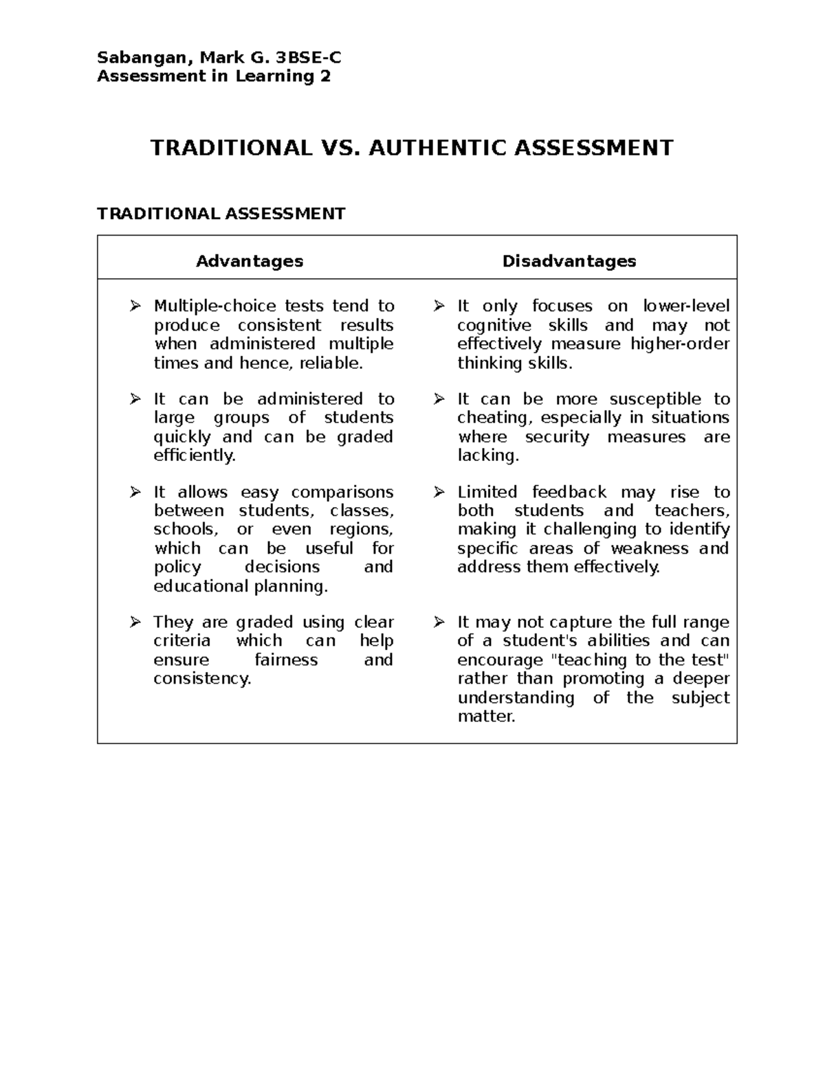 Assessment in Learning 2: Traditional vs. Authentic Assessment - Studocu