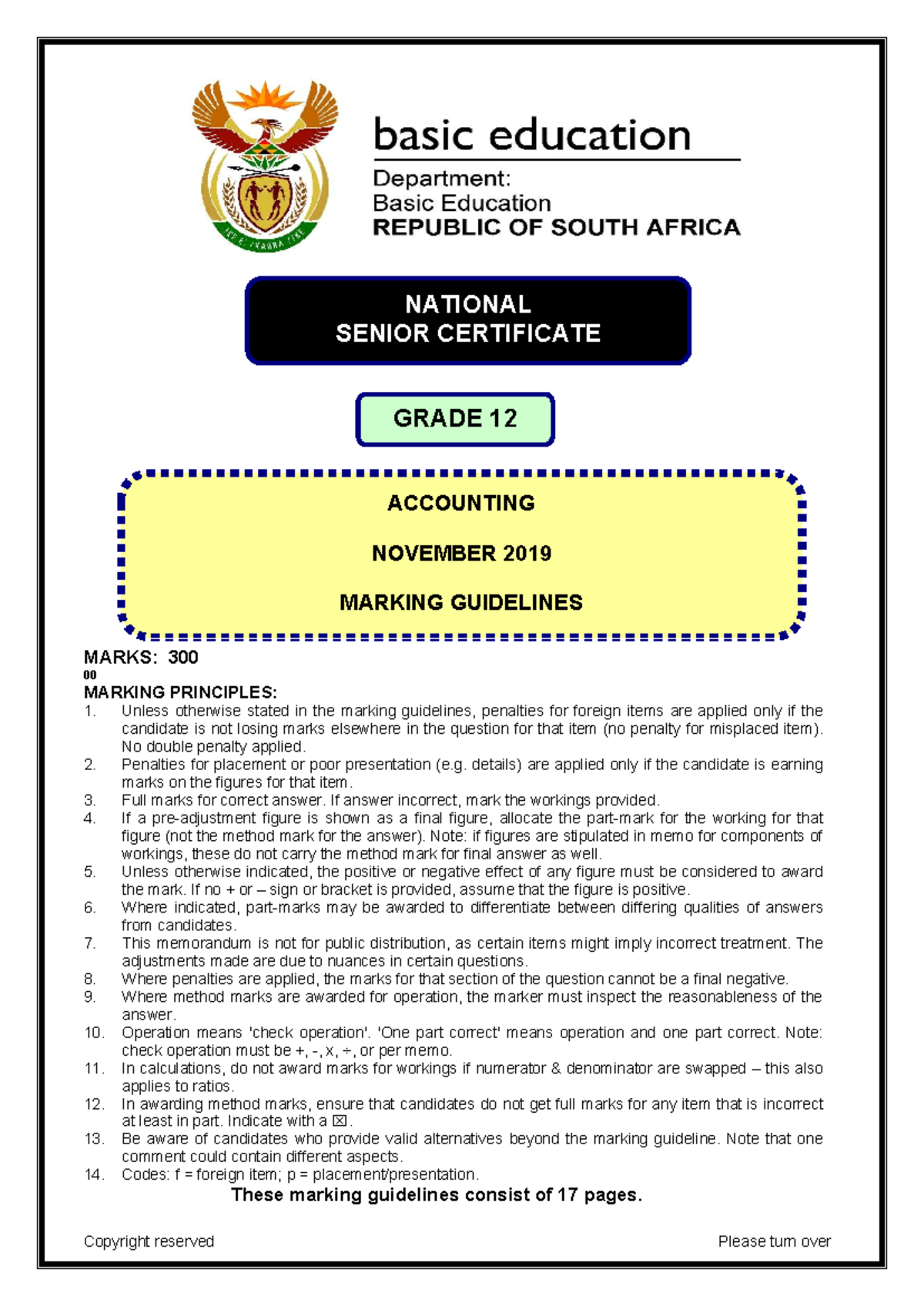 Accounting 2 NSC Marking Guidelines - November 2019 Memo - Studocu
